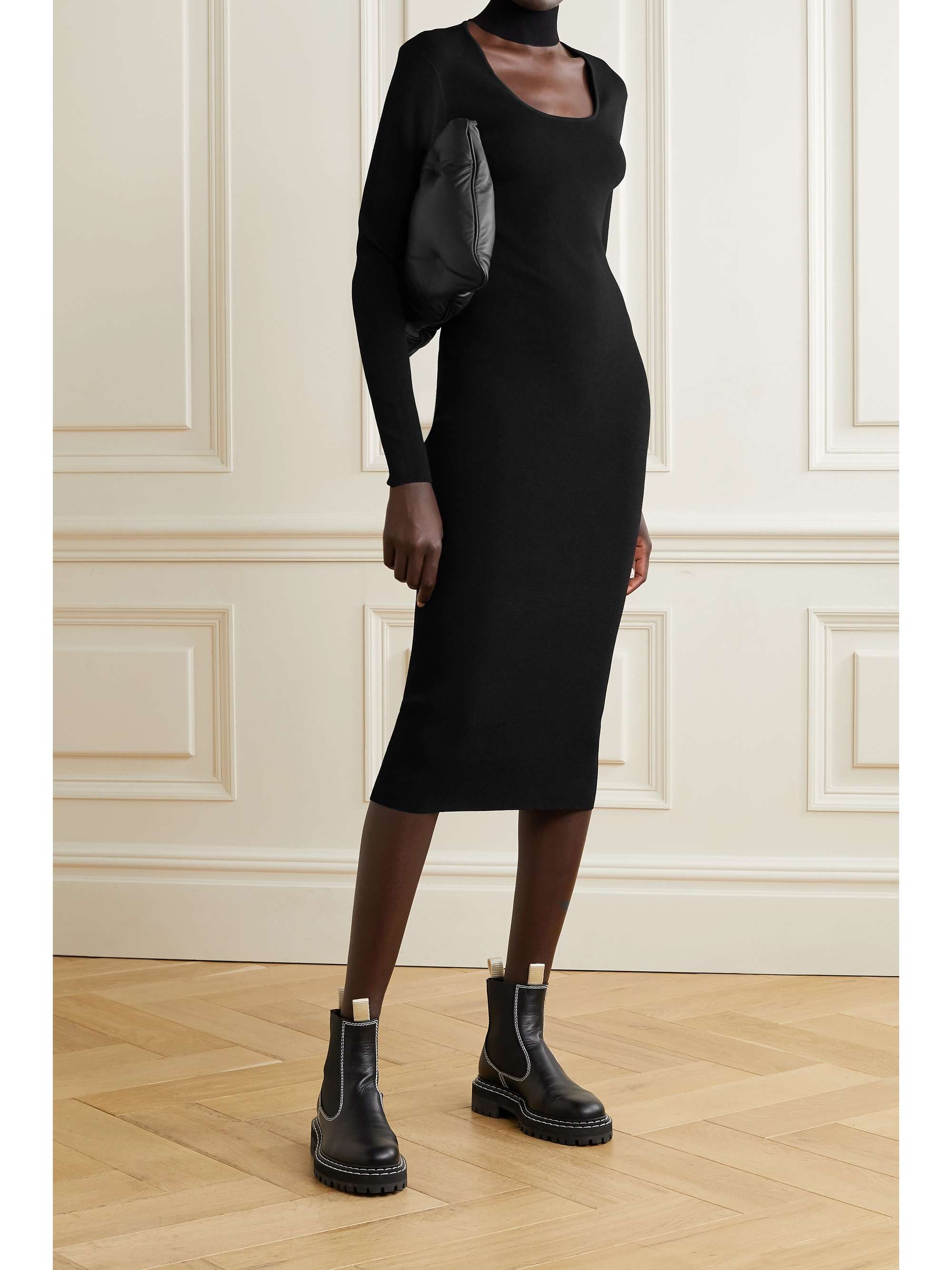 Black + NET SUSTAIN cutout stretch-knit turtleneck midi dress | NINETY ...