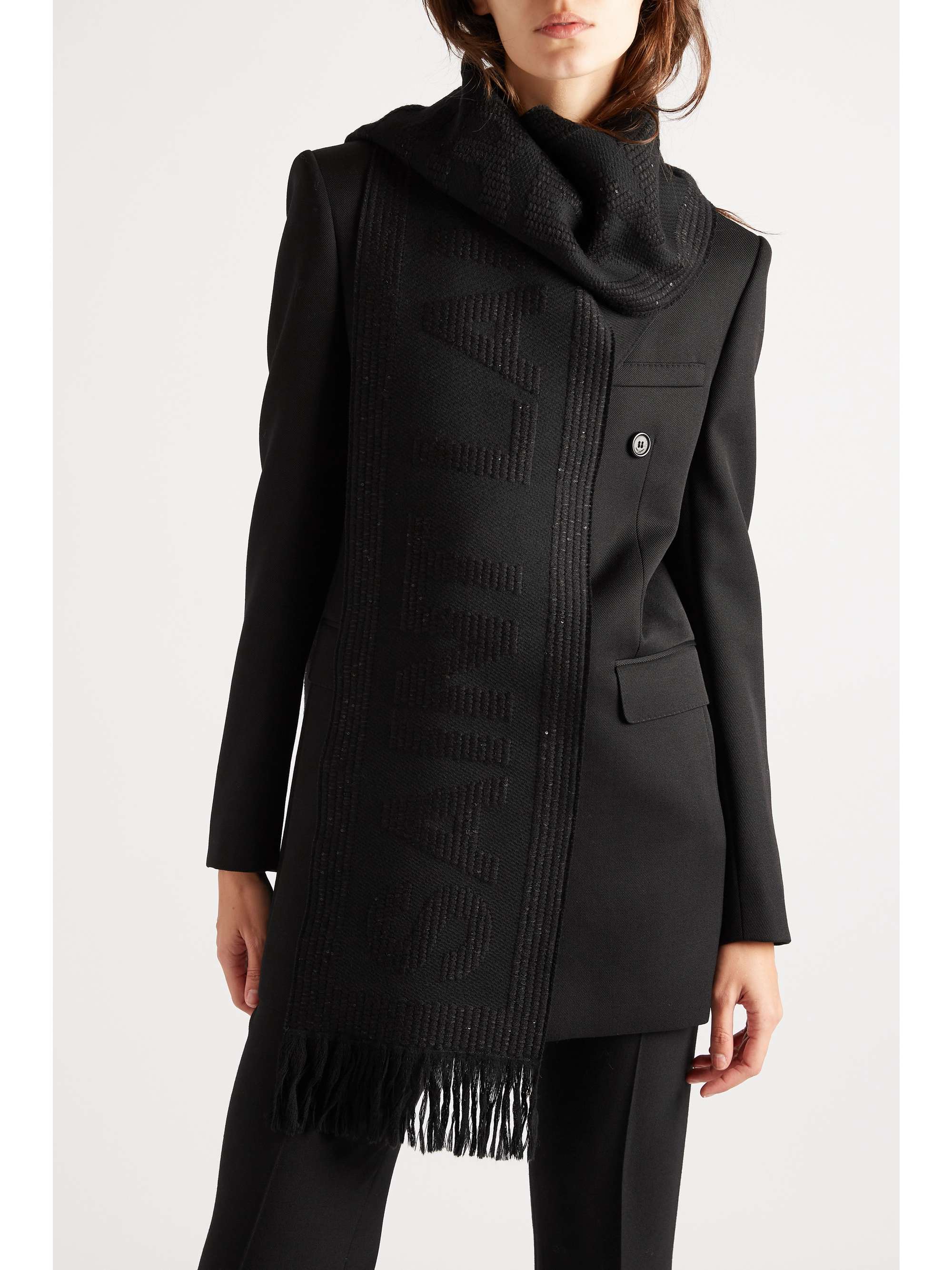 Black Fringed Sequin Embellished Wool Blend Jacquard Scarf Saint