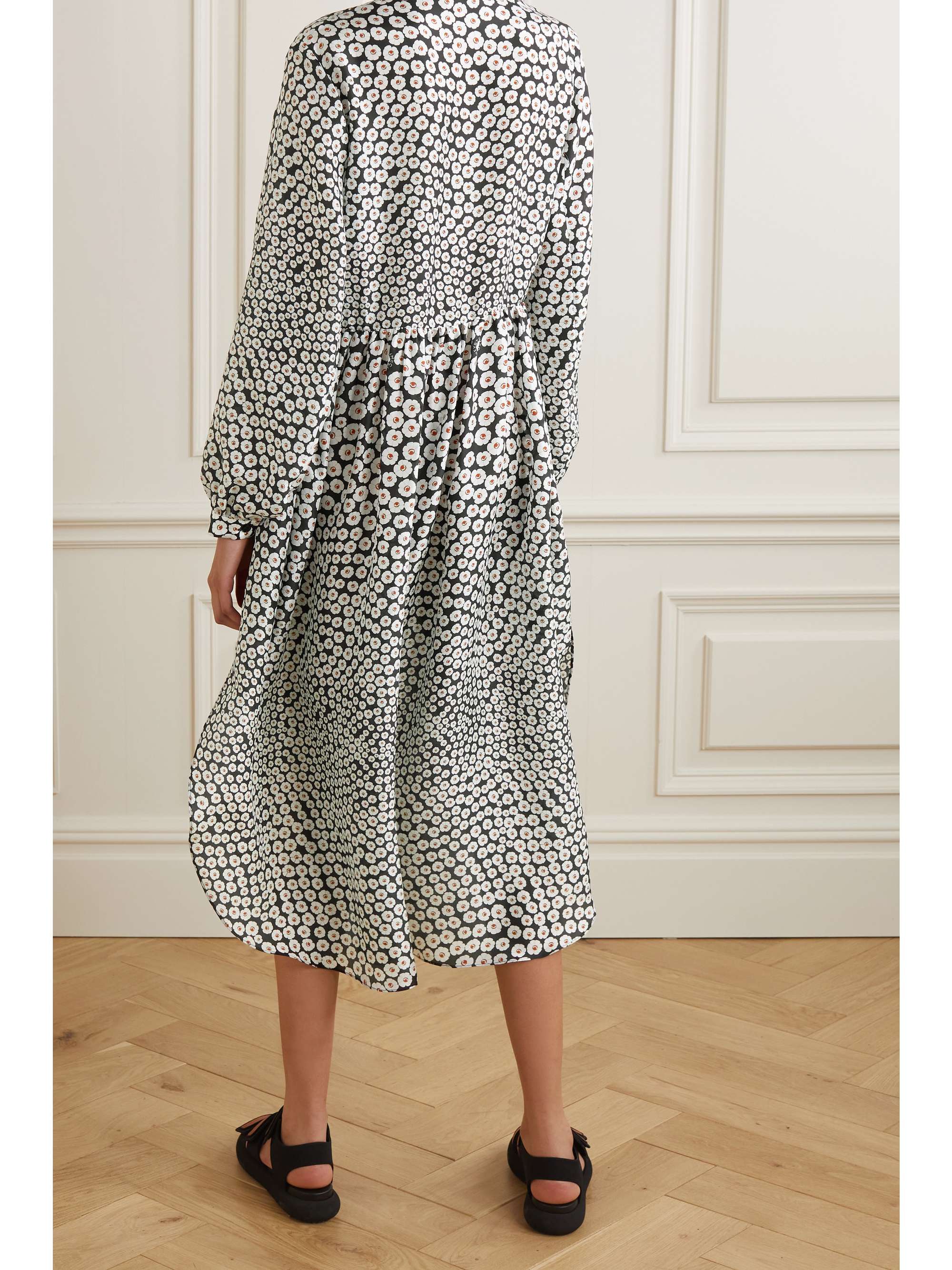 Black Gathered Floral Print Washed Silk Satin Midi Dress Stella