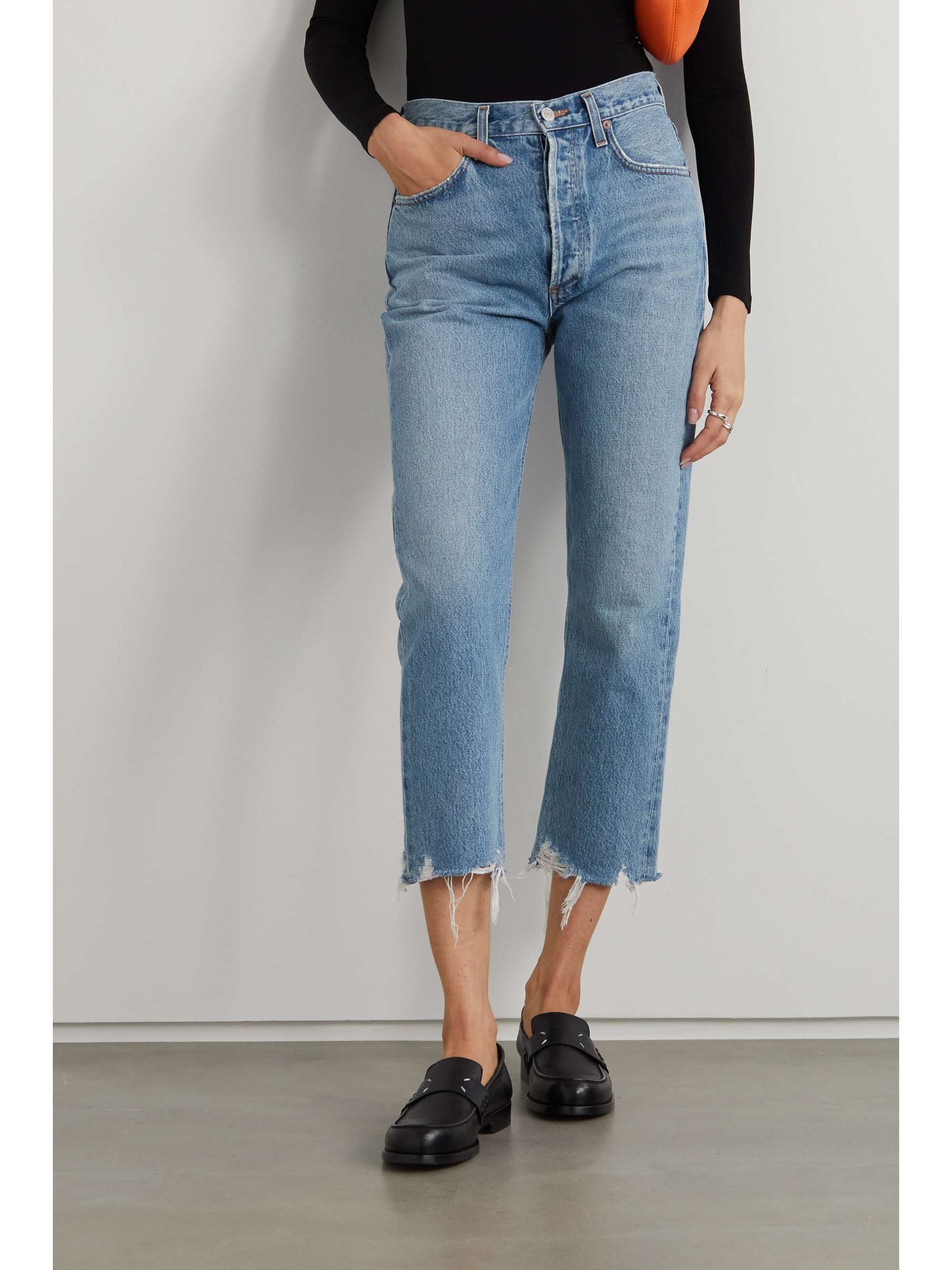AGOLDE Riley cropped frayed high-rise straight-leg organic jeans | NET ...