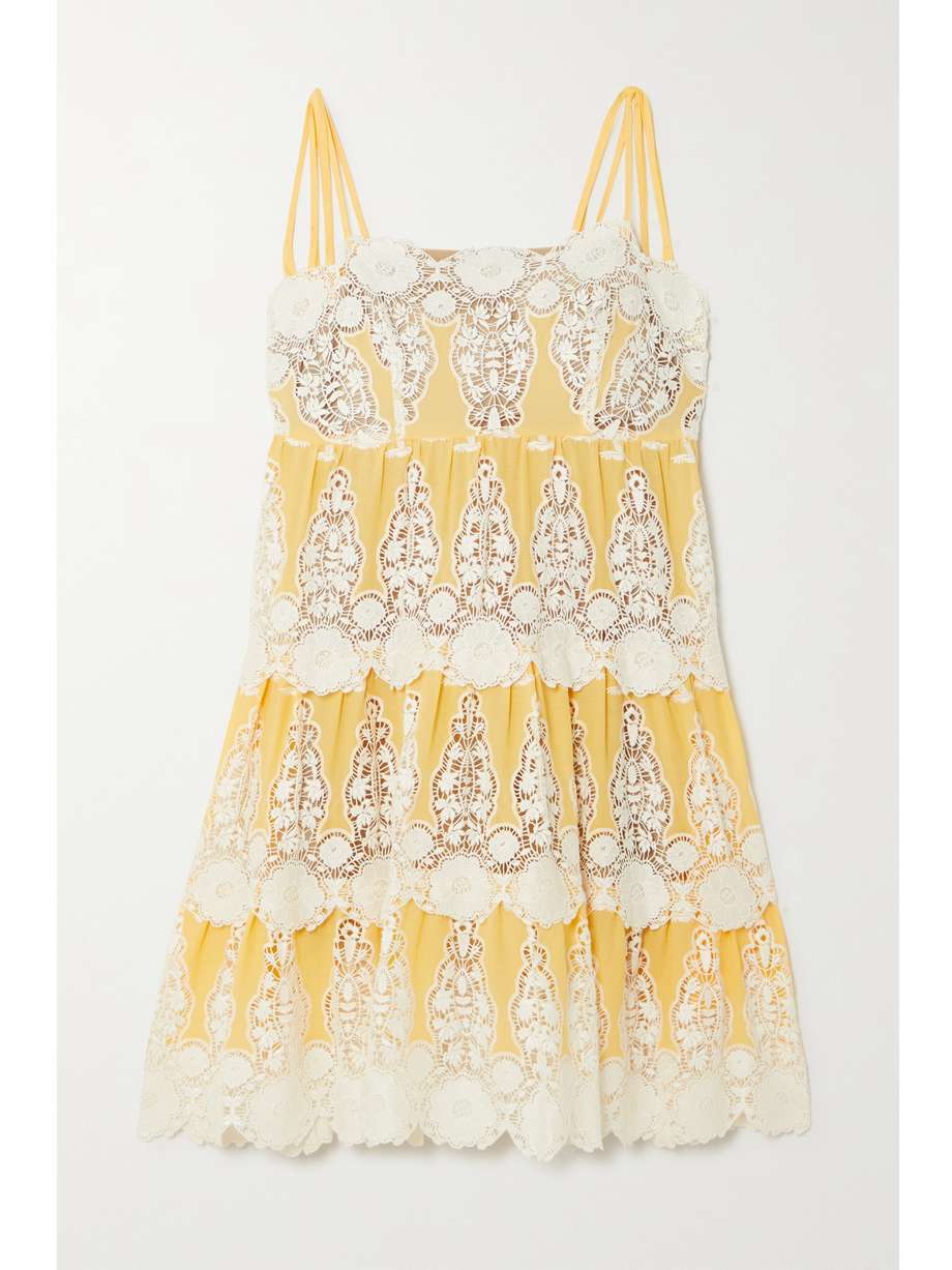 Yellow Gwendolyn tiered crocheted cotton mini dress | MIGUELINA | NET-A ...