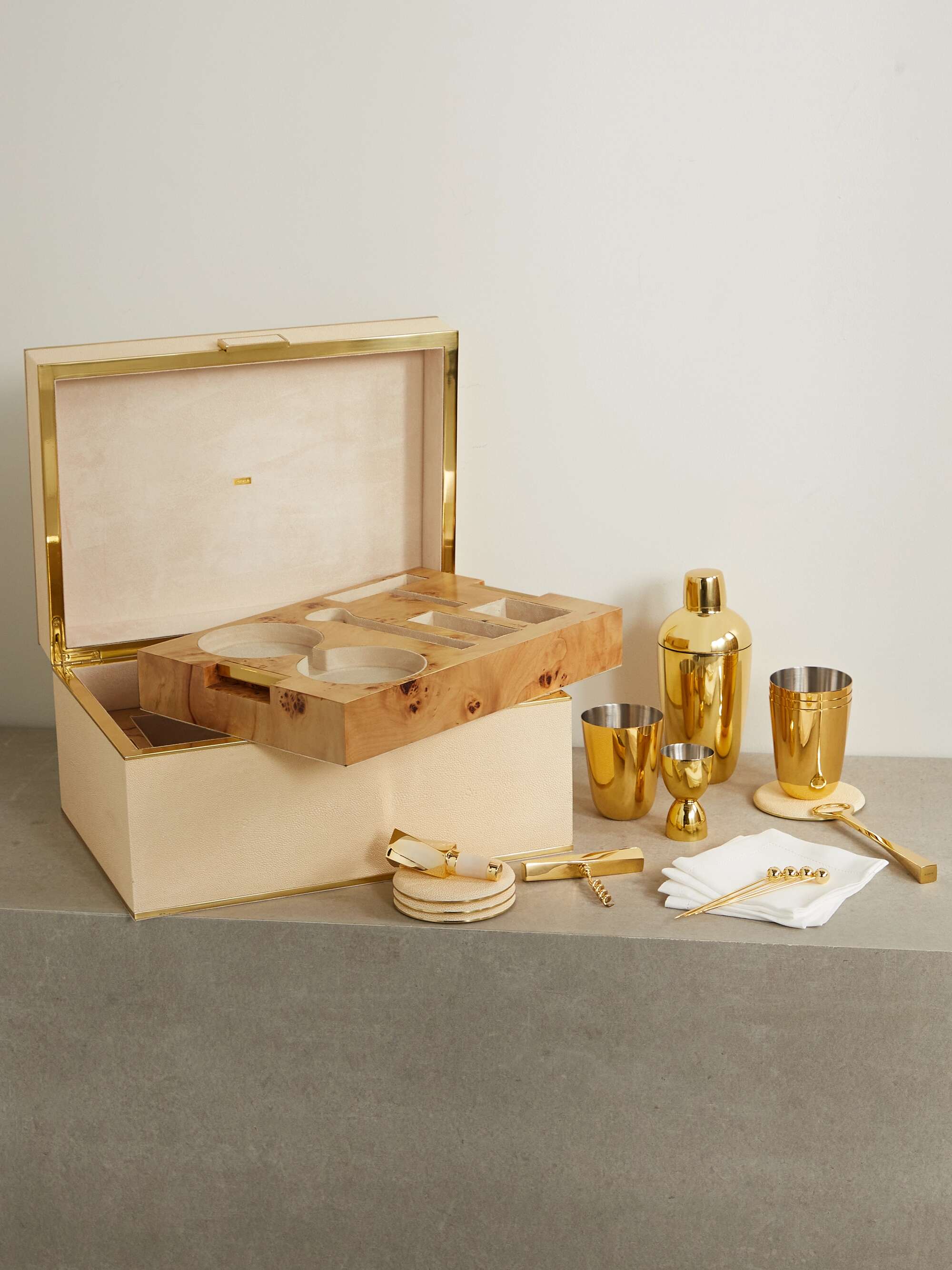 AERIN Classic embossed leather and brass bar set | NET-A-PORTER