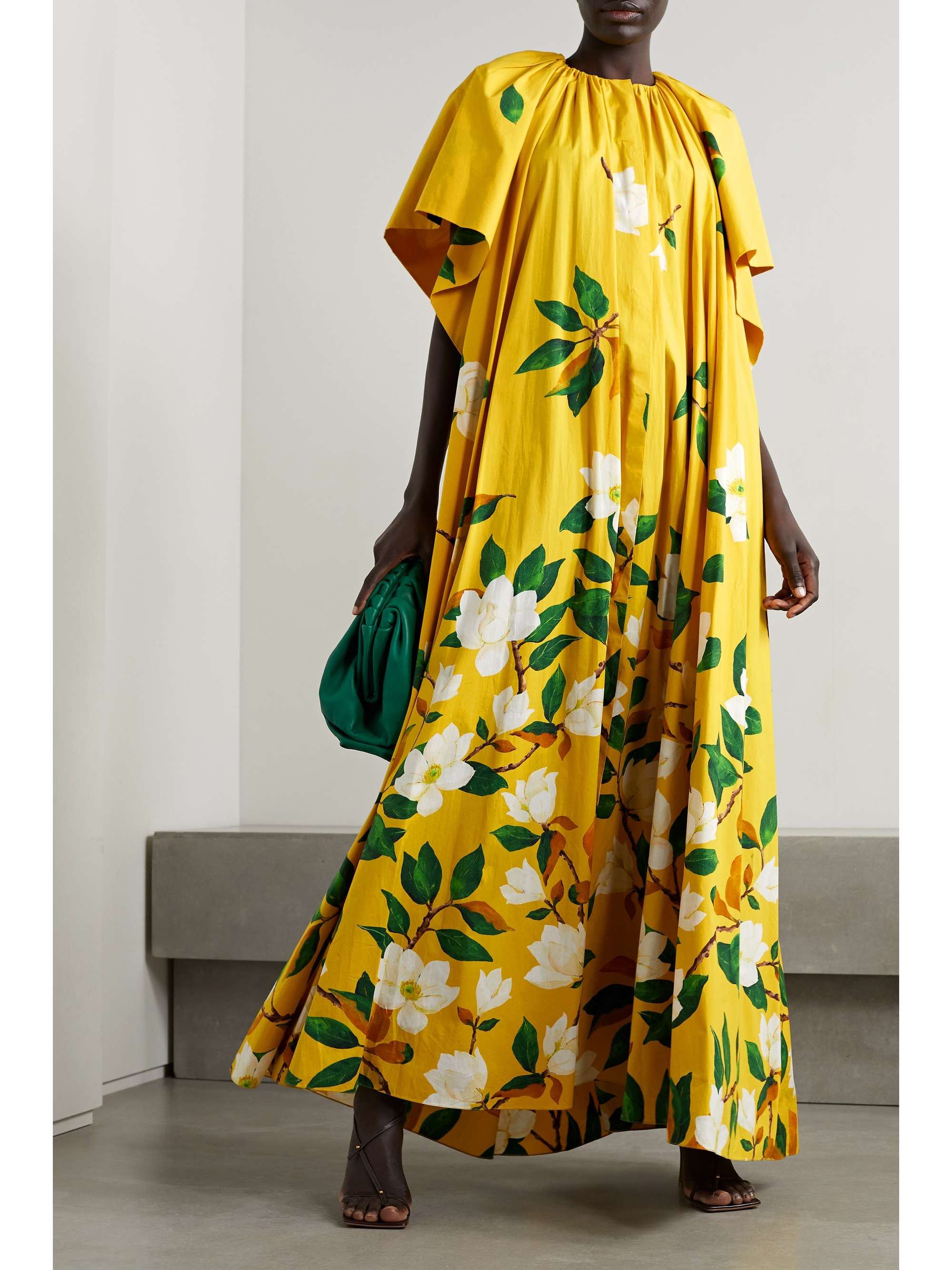 Oscar De La Renta Pleated Floral Print Cotton Blend Poplin Maxi Dress