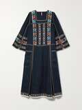Navy Yelena crochet-trimmed embroidered linen-gauze midi dress | VITA ...