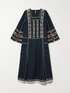 Navy Yelena crochet-trimmed embroidered linen-gauze midi dress | VITA ...