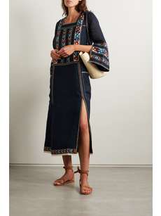Navy Yelena crochet-trimmed embroidered linen-gauze midi dress | VITA ...