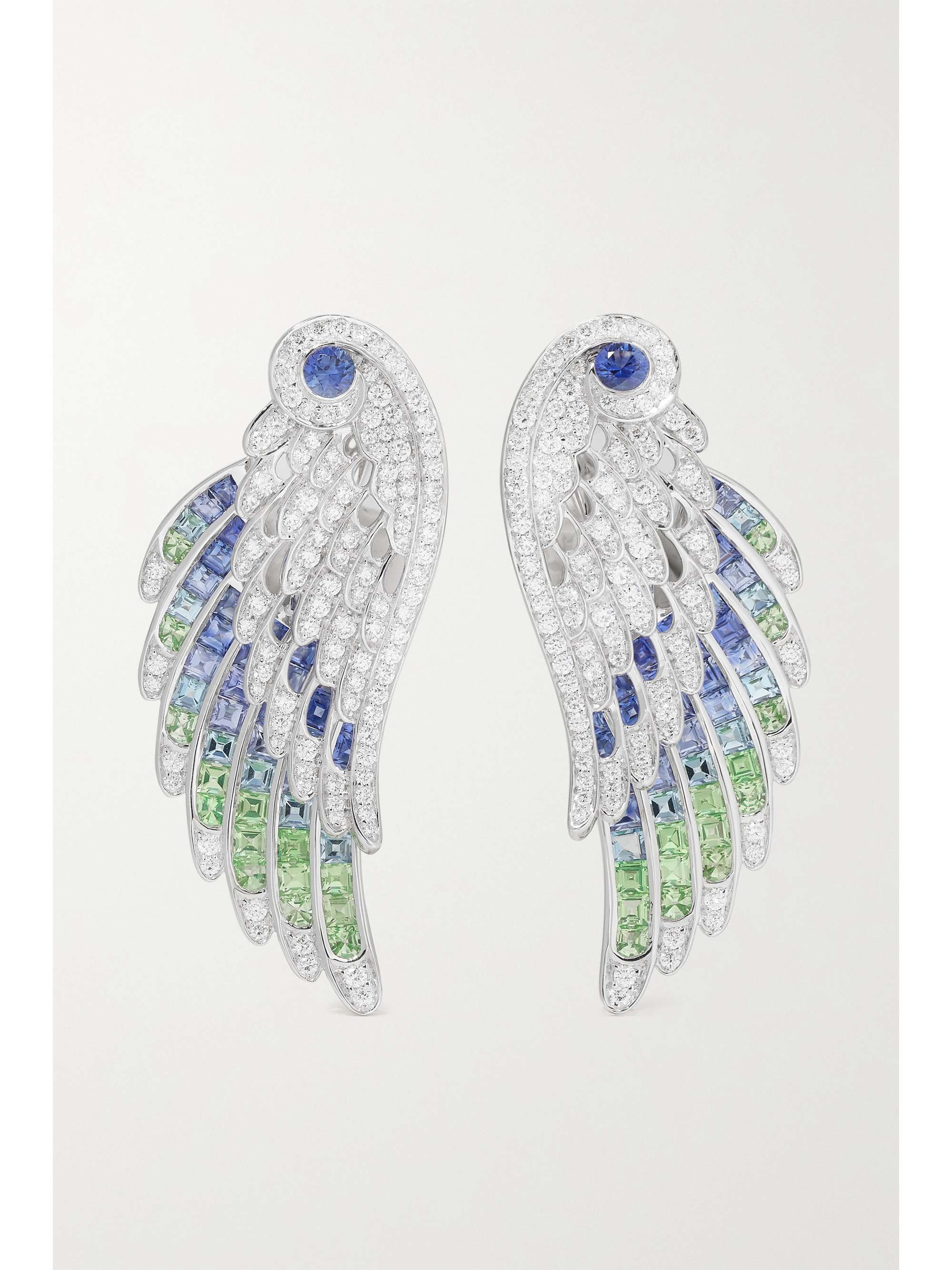 GARRARD Wings Embrace Peacock 18-karat white gold multi-stone earrings ...