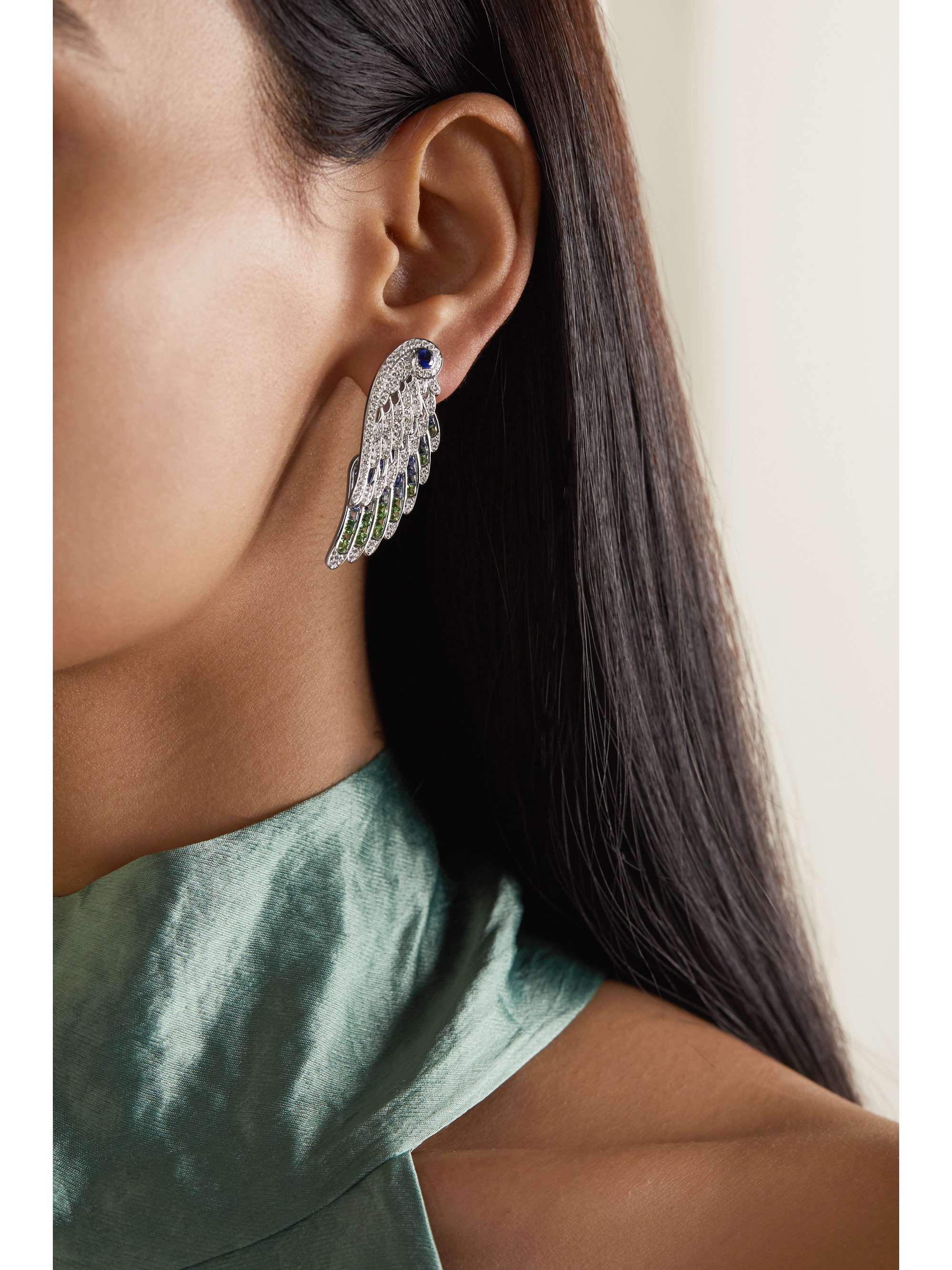 GARRARD Wings Embrace Peacock 18-karat white gold multi-stone earrings ...