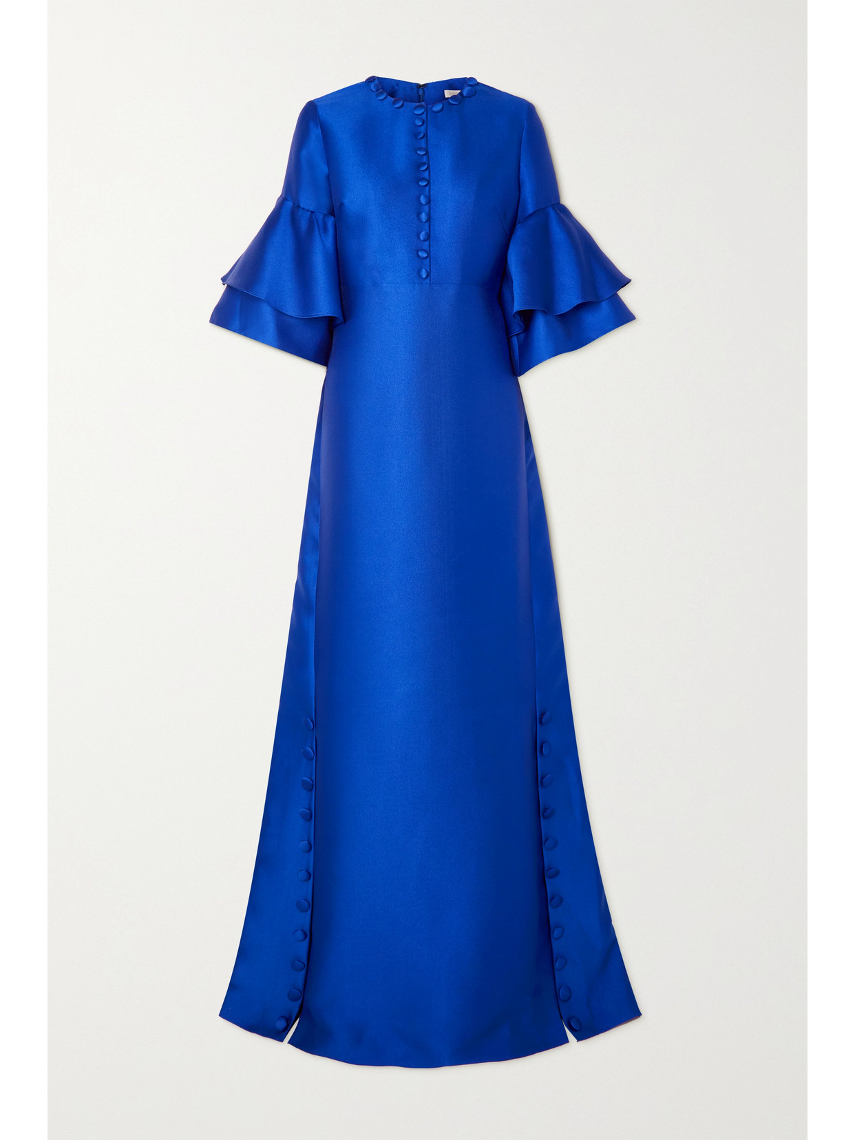 Reem Acra Button Embellished Ruffled Satin Piqué Gown In Blue Modesens