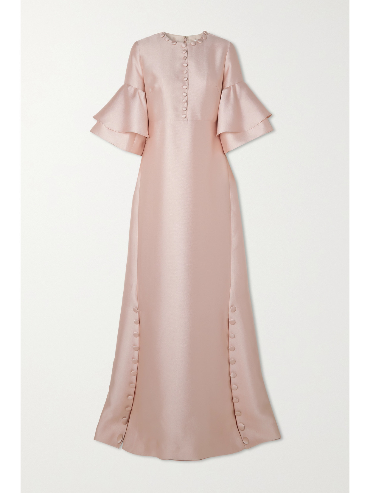 Reem Acra Button-embellished Ruffled Satin-piqué Gown In Pink | ModeSens