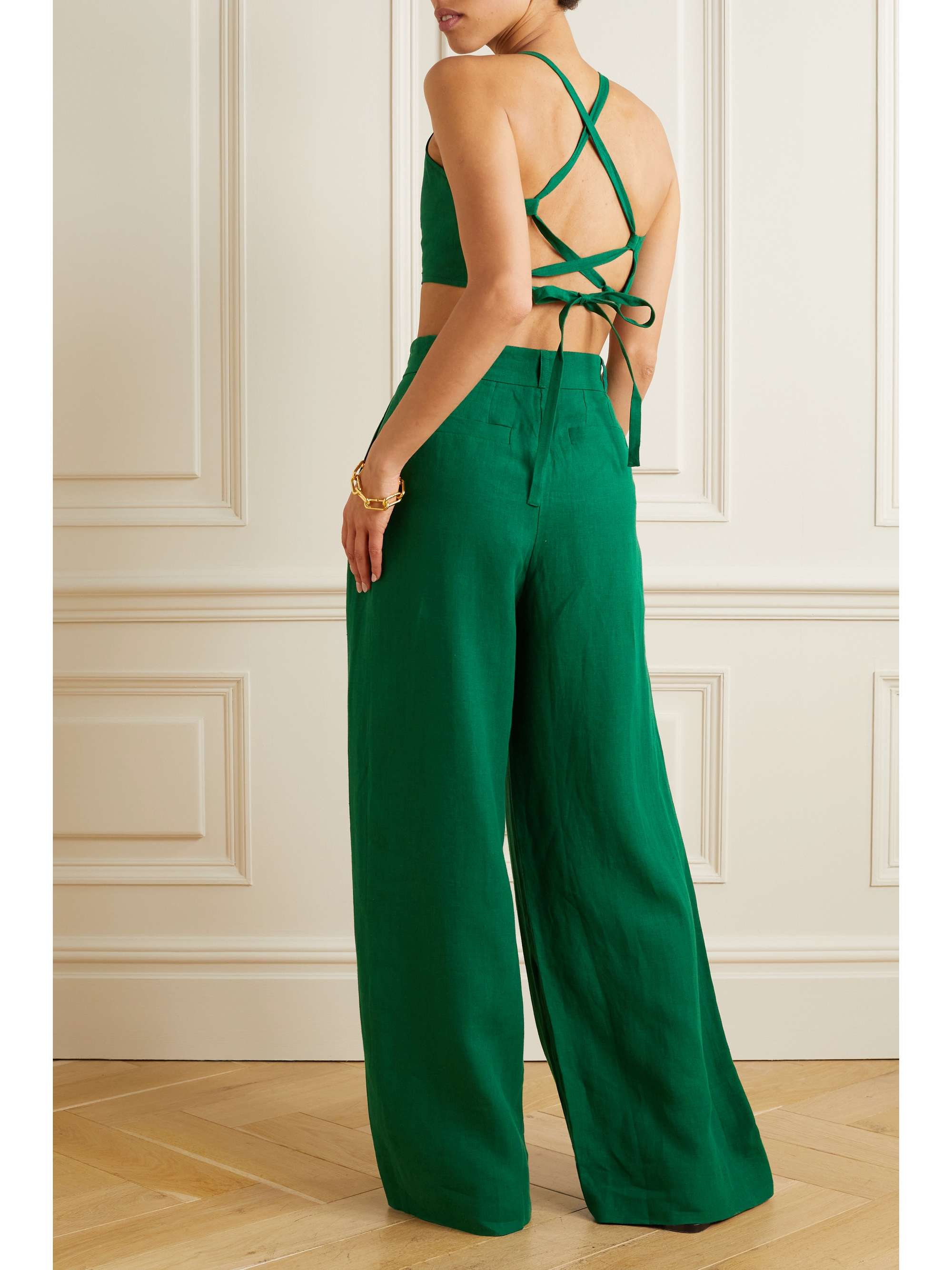 Dark green Molly pleated linen wide-leg pants | THREE GRACES LONDON ...