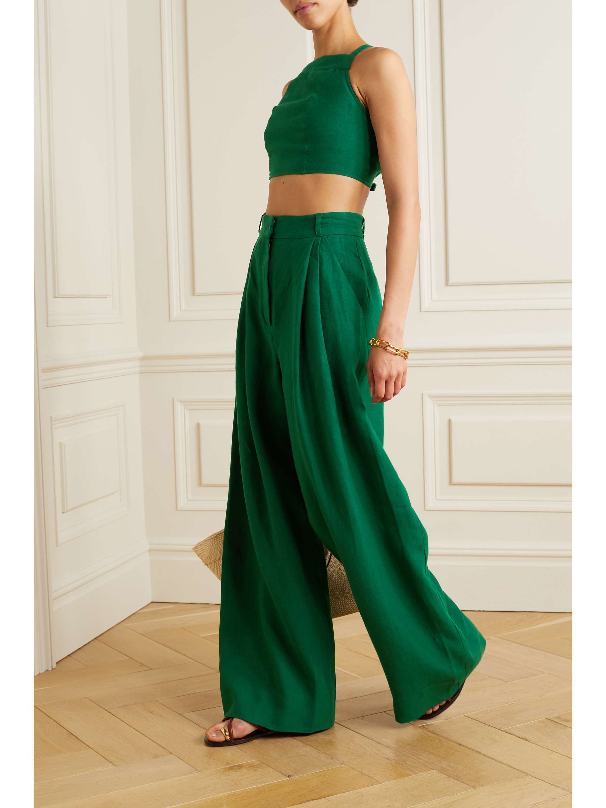 Dark green Molly pleated linen wide-leg pants | THREE GRACES LONDON ...
