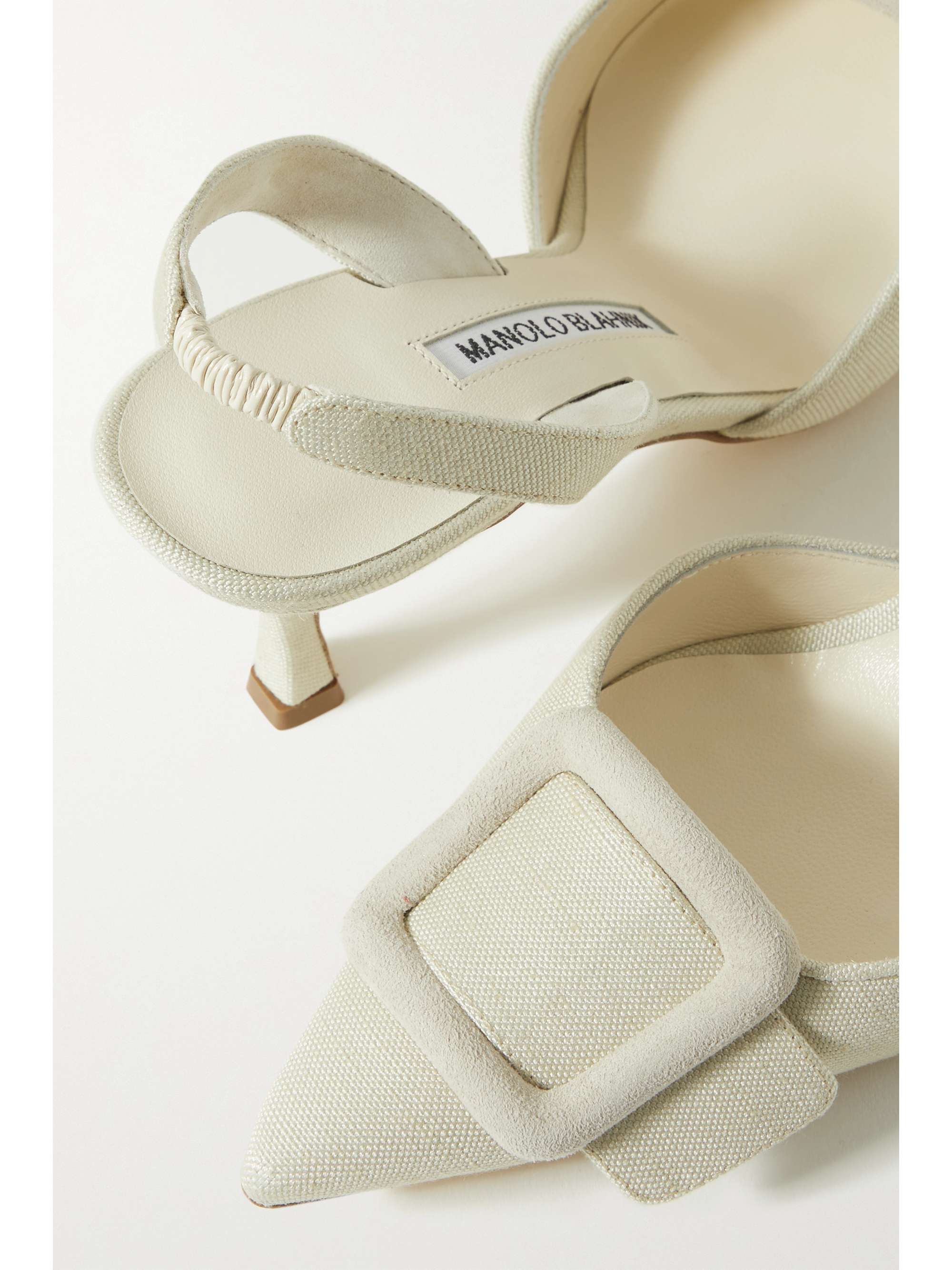 MANOLO BLAHNIK Maysli 70 buckled suede-trimmed linen-canvas slingback pumps | NET-A-PORTER