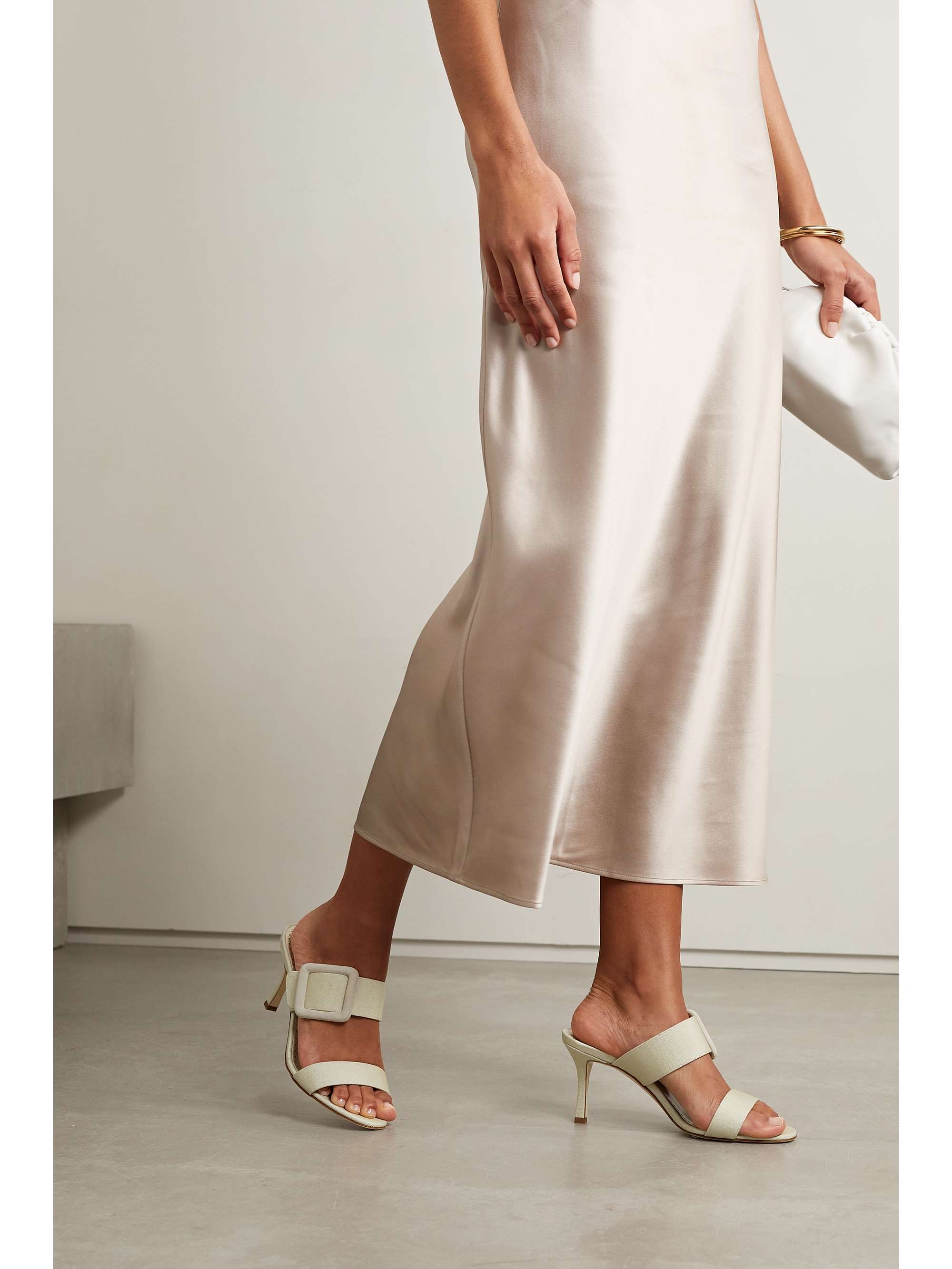 MANOLO BLAHNIK Gable 70 buckled suede-trimmed linen-canvas mules | NET-A-PORTER