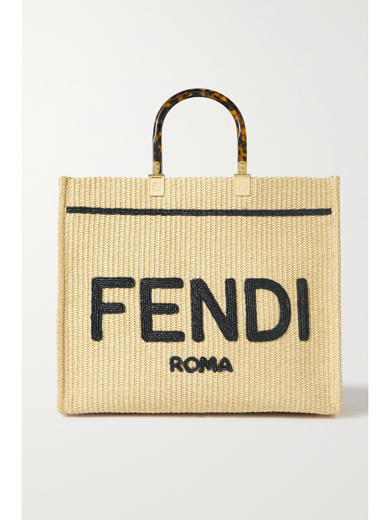 Fendi Sunshine Leather-trimmed Embroidered Raffia Tote In Natural ...