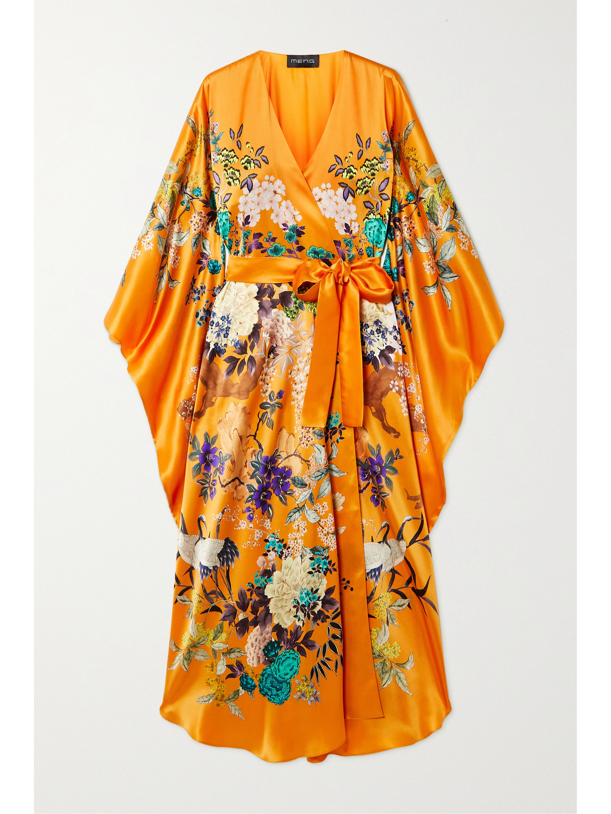 Meng Belted Floral-print Silk-satin Robe In Orange | ModeSens