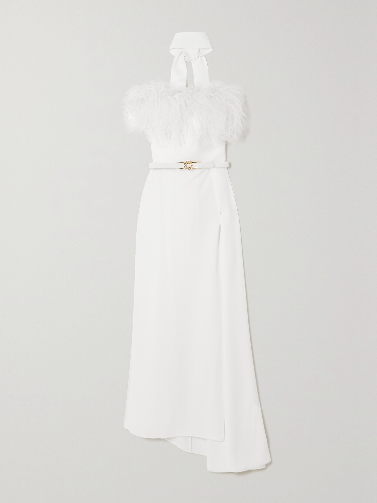 Elie Saab Draped Feather-trimmed Crepe Gown In White | ModeSens