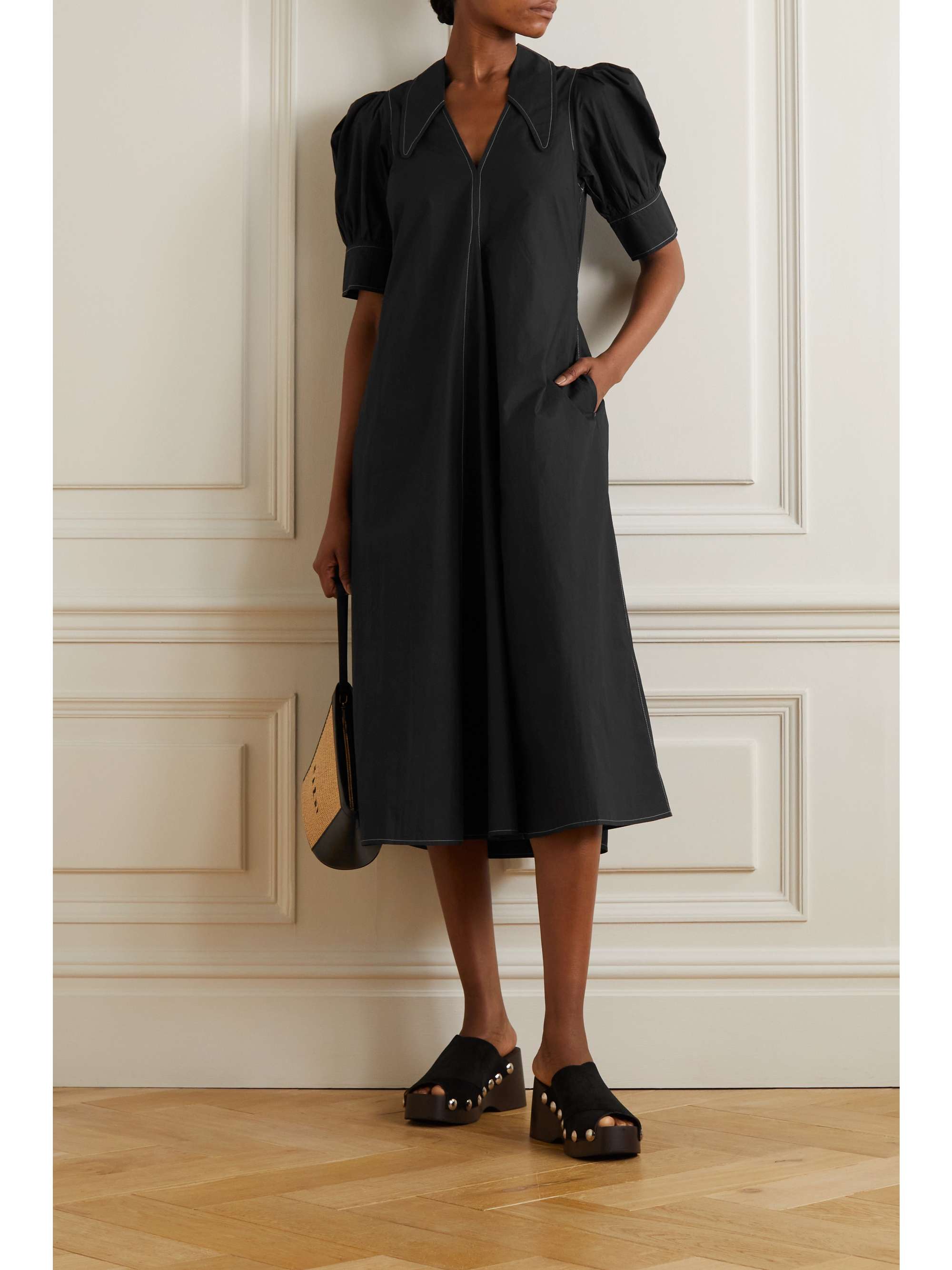 GANNI Pleated organic cotton-poplin midi dress | NET-A-PORTER