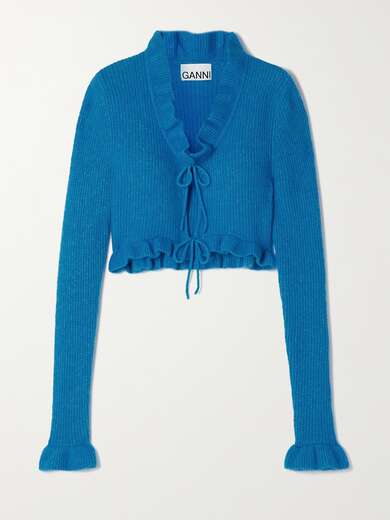 GANNI Ruffled ribbed-knit cardigan | NET-A-PORTER