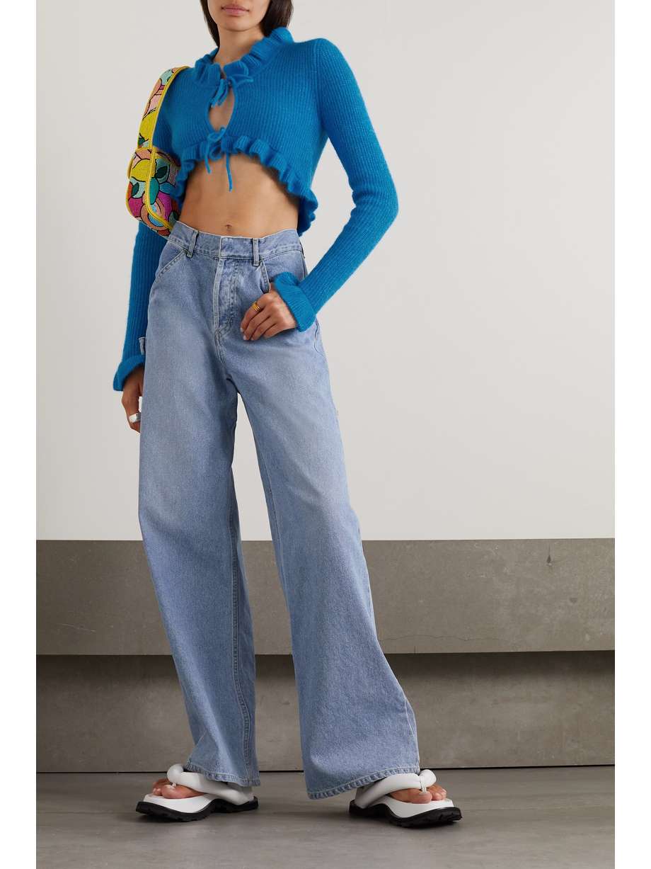 GANNI Ruffled ribbed-knit cardigan | NET-A-PORTER