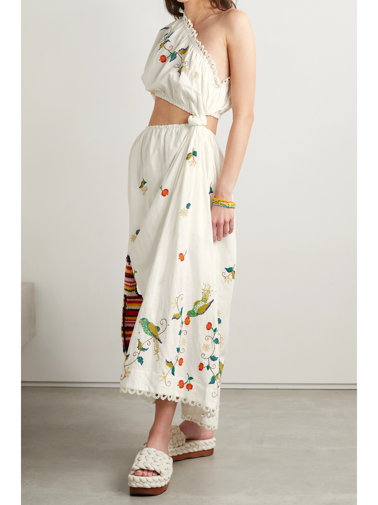 Farm Rio Embroidered One Shoulder Cutout Detail Linen Blend Dress In ...