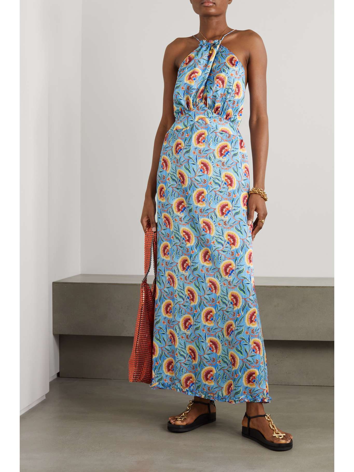 Paco Rabanne Ruffled Floral Print Satin Maxi Dress Net A Porter