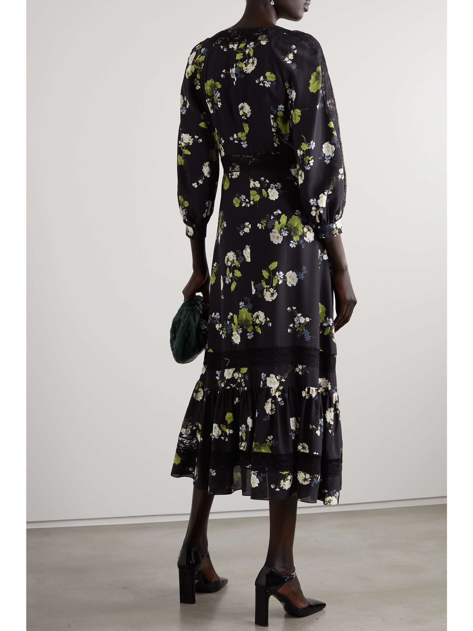 Black Magdalene Lace Trimmed Floral Print Silk Crepe De Chine Midi