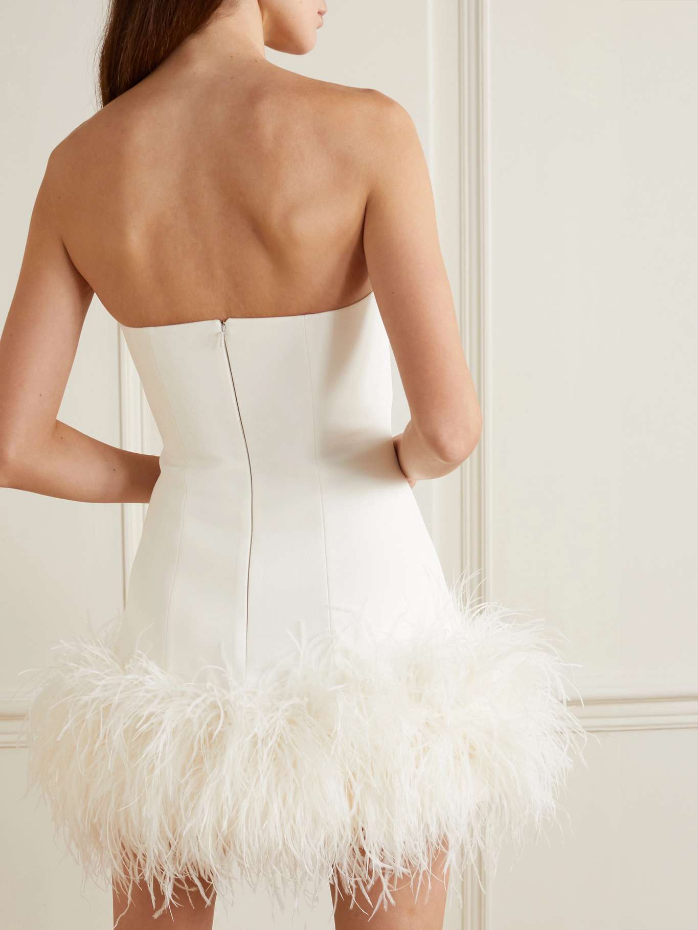 White Rowan strapless feather-trimmed stretch-crepe mini dress ...