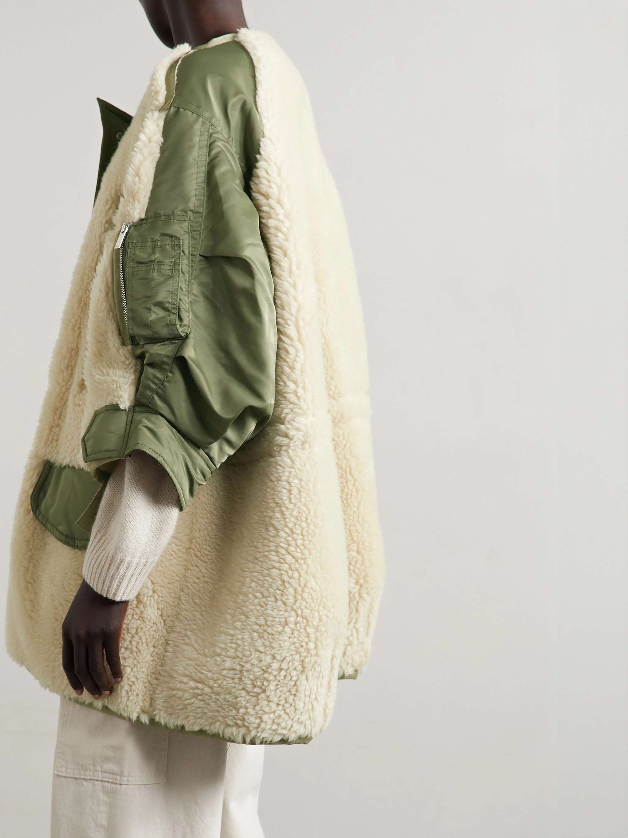 SACAI Paneled padded wool-fleece and satin jacket | NET-A-PORTER
