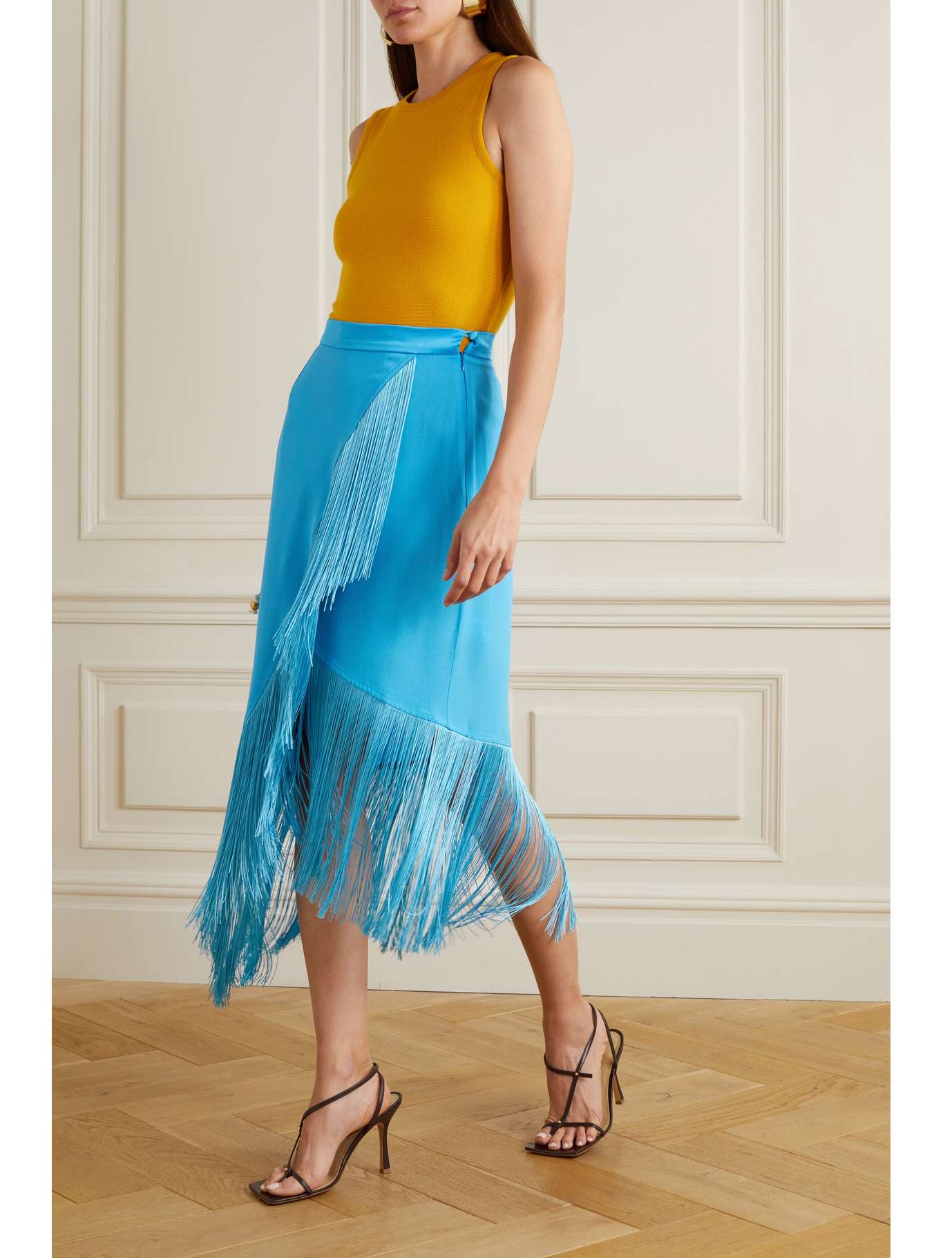 Blue + NET SUSTAIN Bossa Nova wrap-effect fringed crepe midi skirt ...