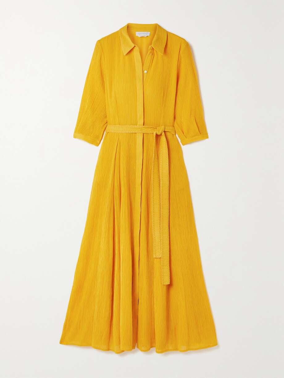 Yellow Andy belted plissé cotton and silk-blend gauze shirt dress ...
