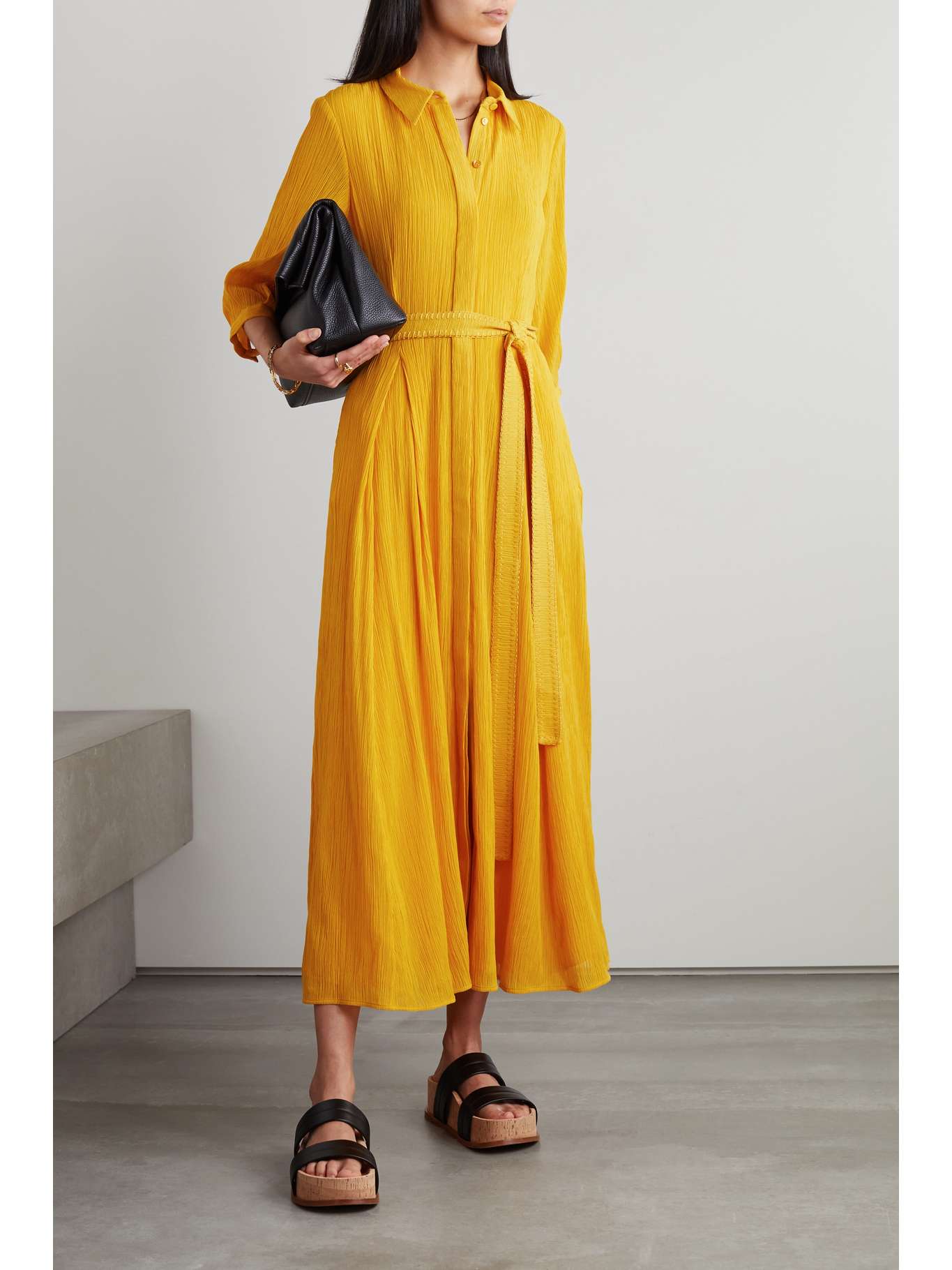 Yellow Andy belted plissé cotton and silk-blend gauze shirt dress ...