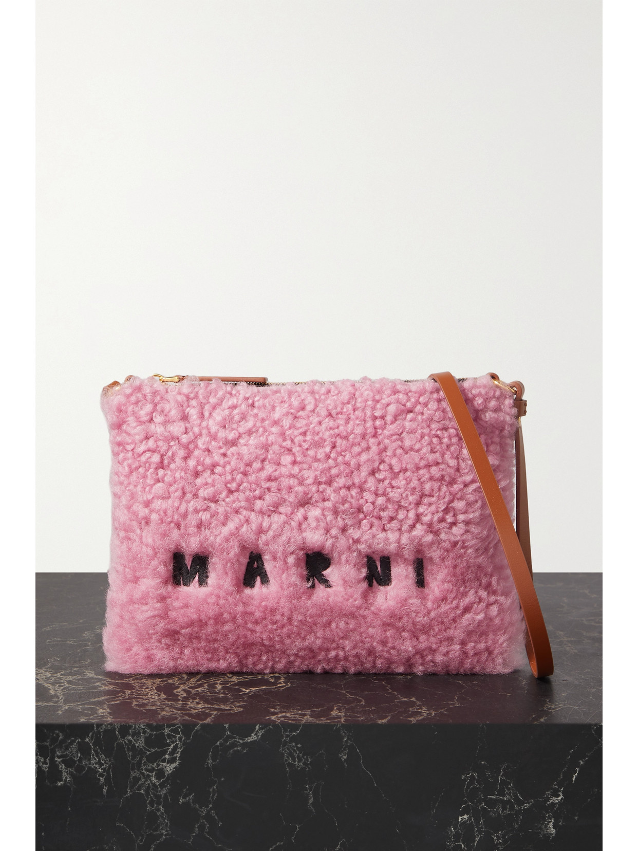 Marni Embroidered Shearling And Leather Shoulder Bag In Pink | ModeSens