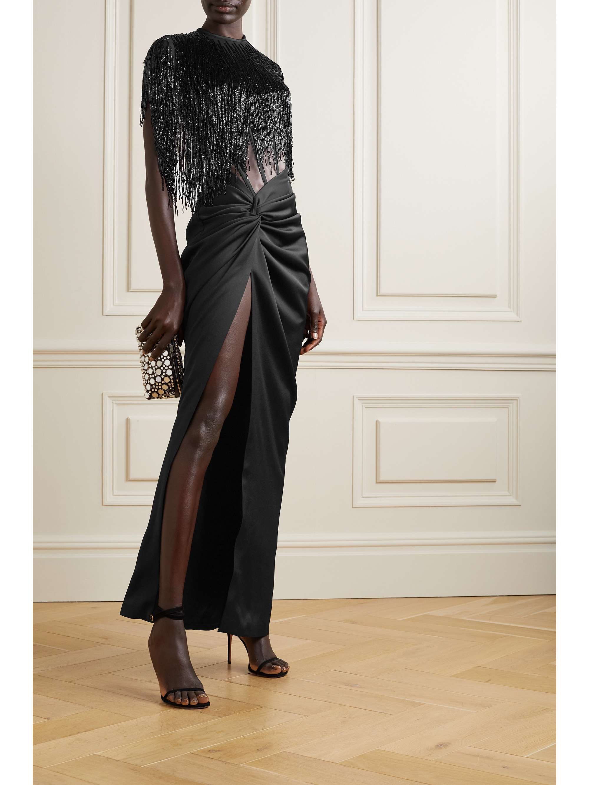Black Embellished cutout satin maxi dress | RASARIO | NET-A-PORTER