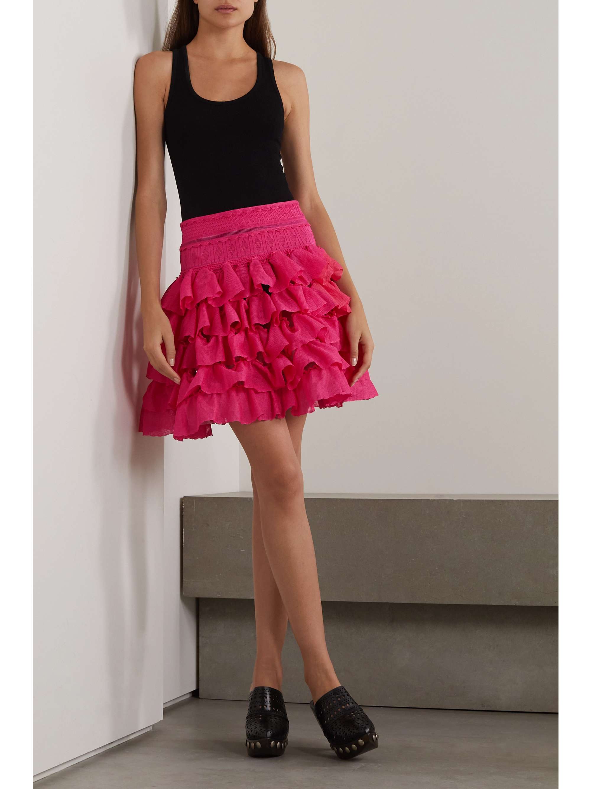 Bright Pink Ruffled Tiered Stretch Knit Mini Skirt AlaÏa Net A Porter