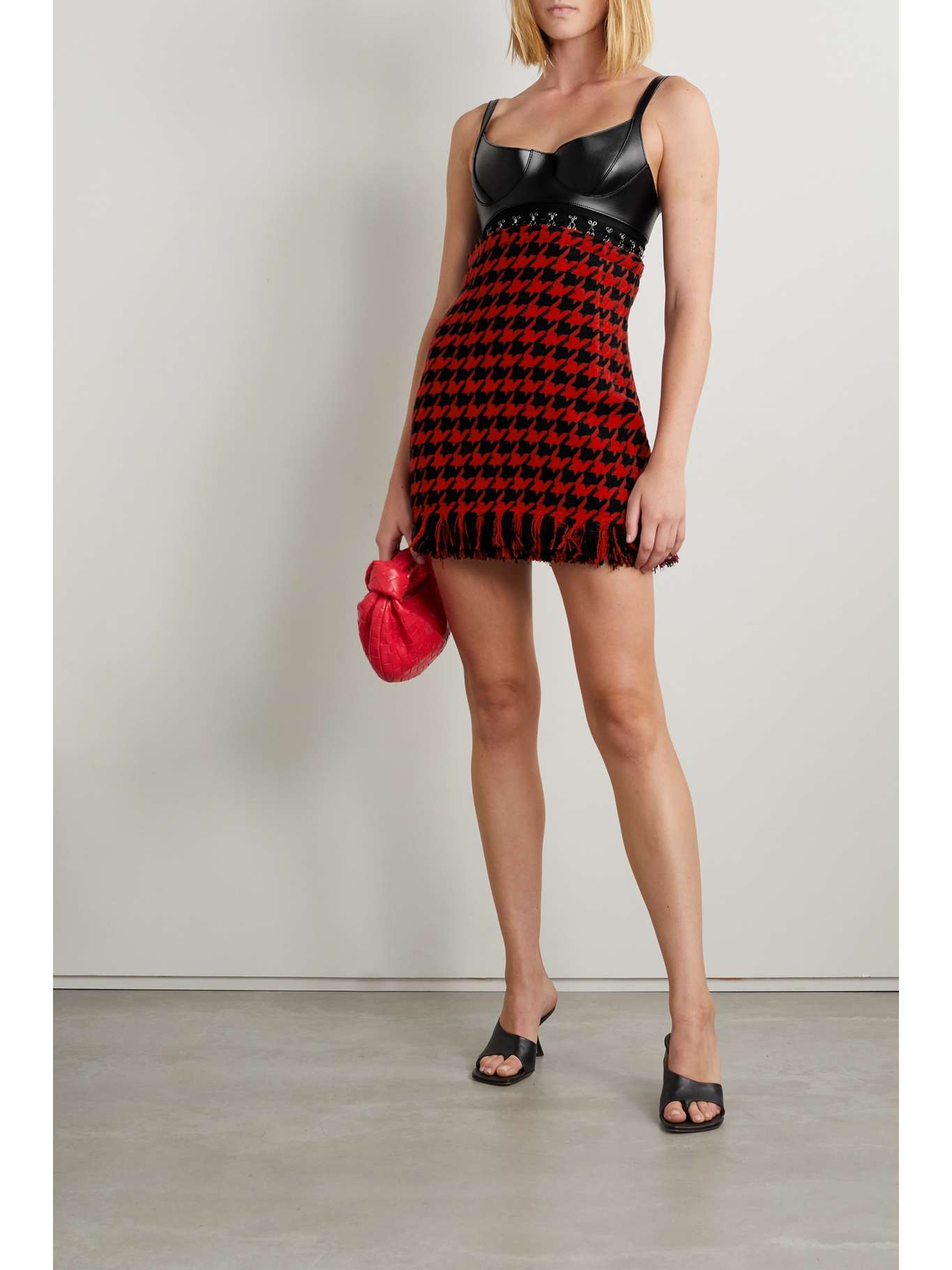 MONSE Leather-trimmed fringed knitted mini dress | NET-A-PORTER