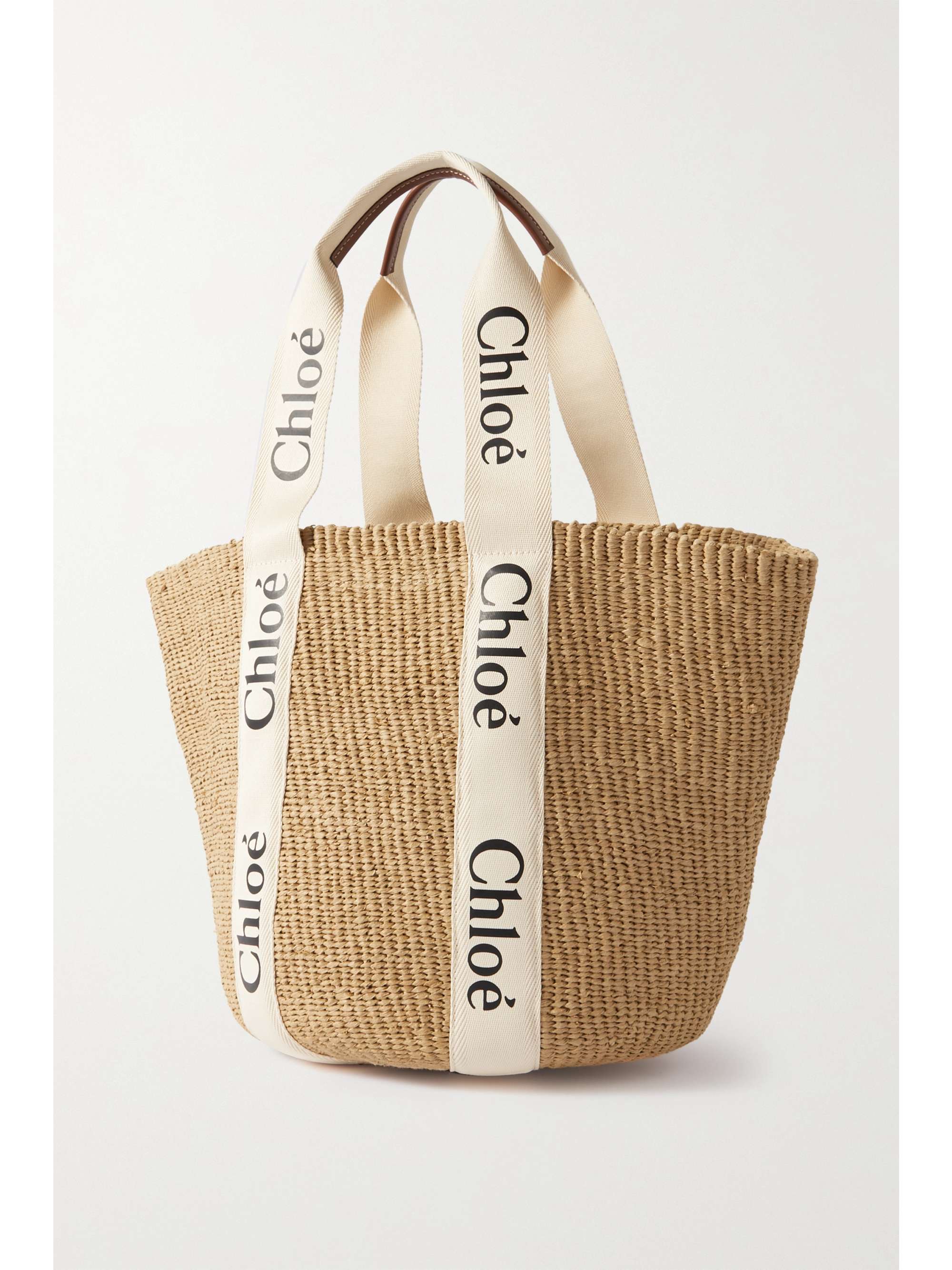 CHLOÉ Woody large leather-trimmed raffia tote | NET-A-PORTER