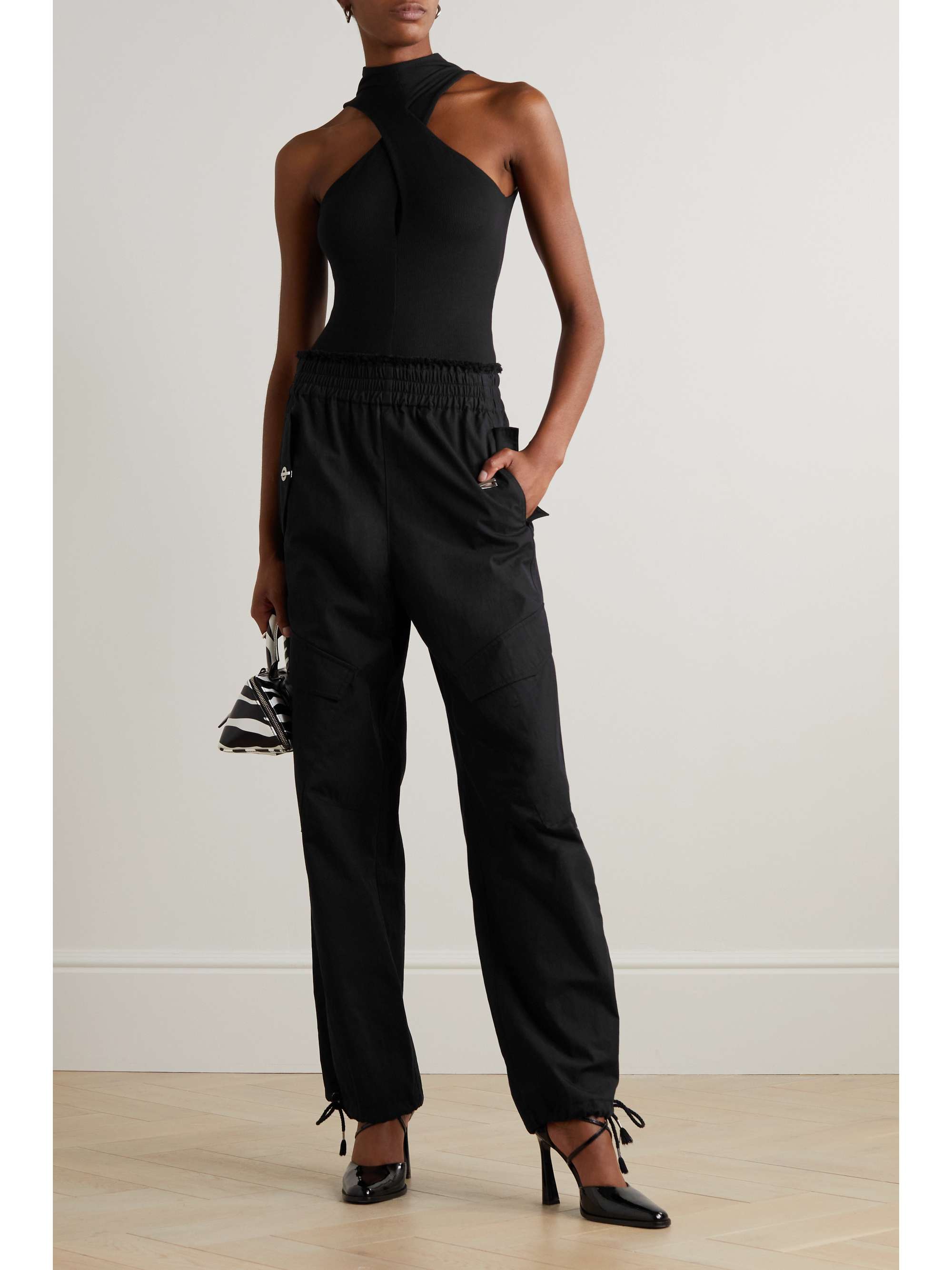 Black Eva Cutout Ribbed Stretch Jersey Halterneck Bodysuit Alix Nyc