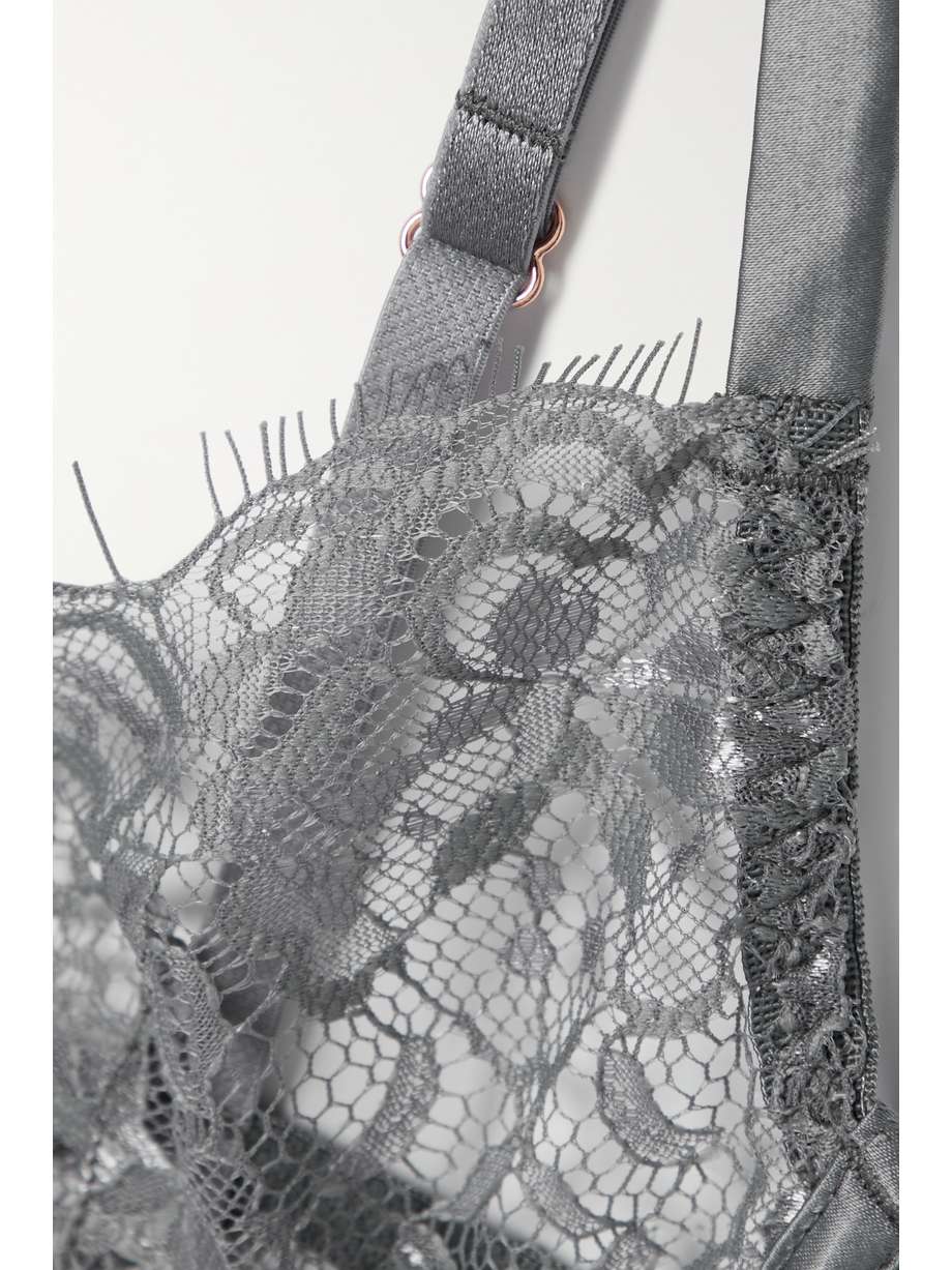 Gray Isabella satin-trimmed lace underwired plunge bra | COCO DE MER ...
