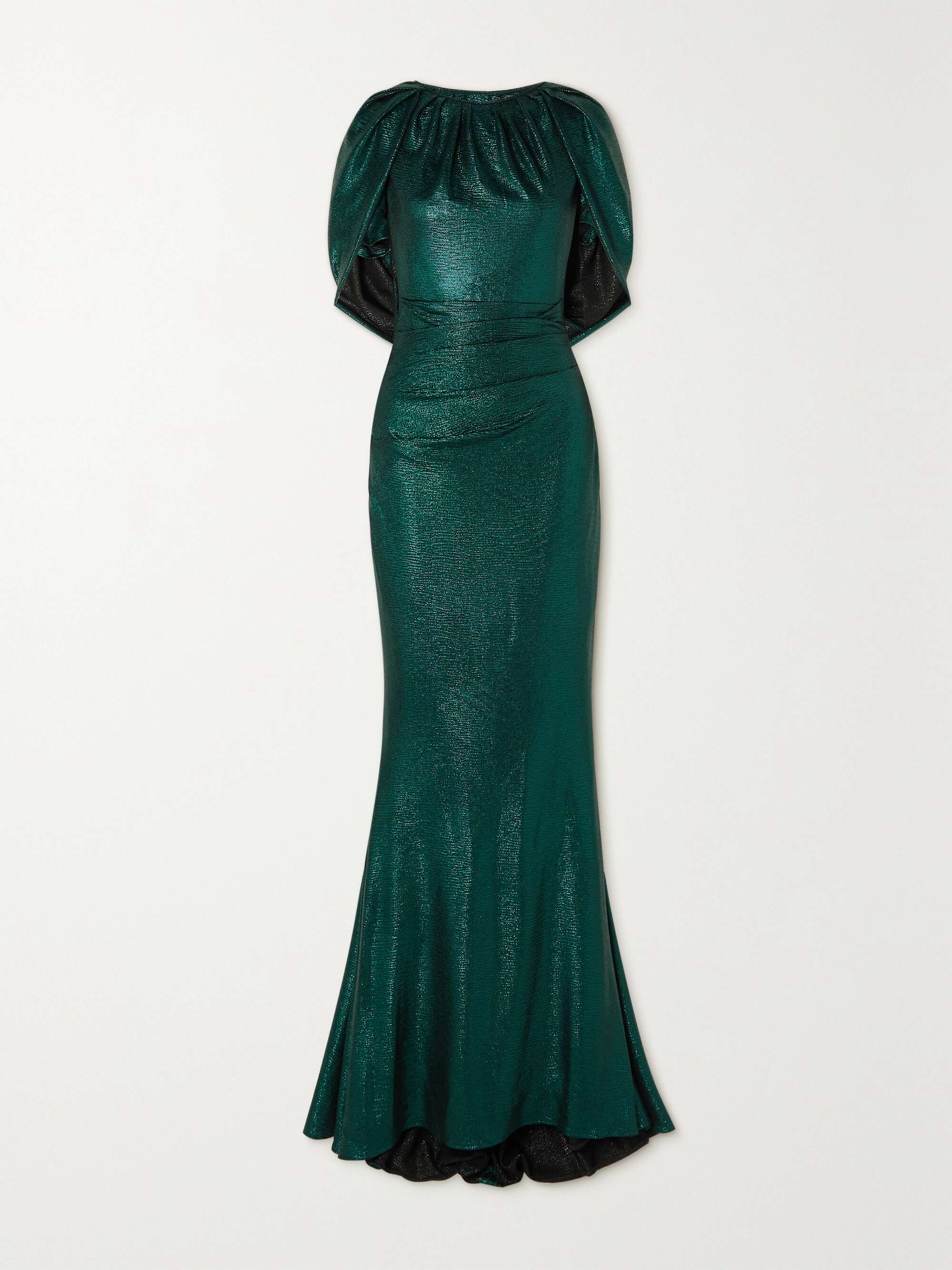 Emerald Cape-effect gathered metallic stretch-jersey gown | TALBOT ...