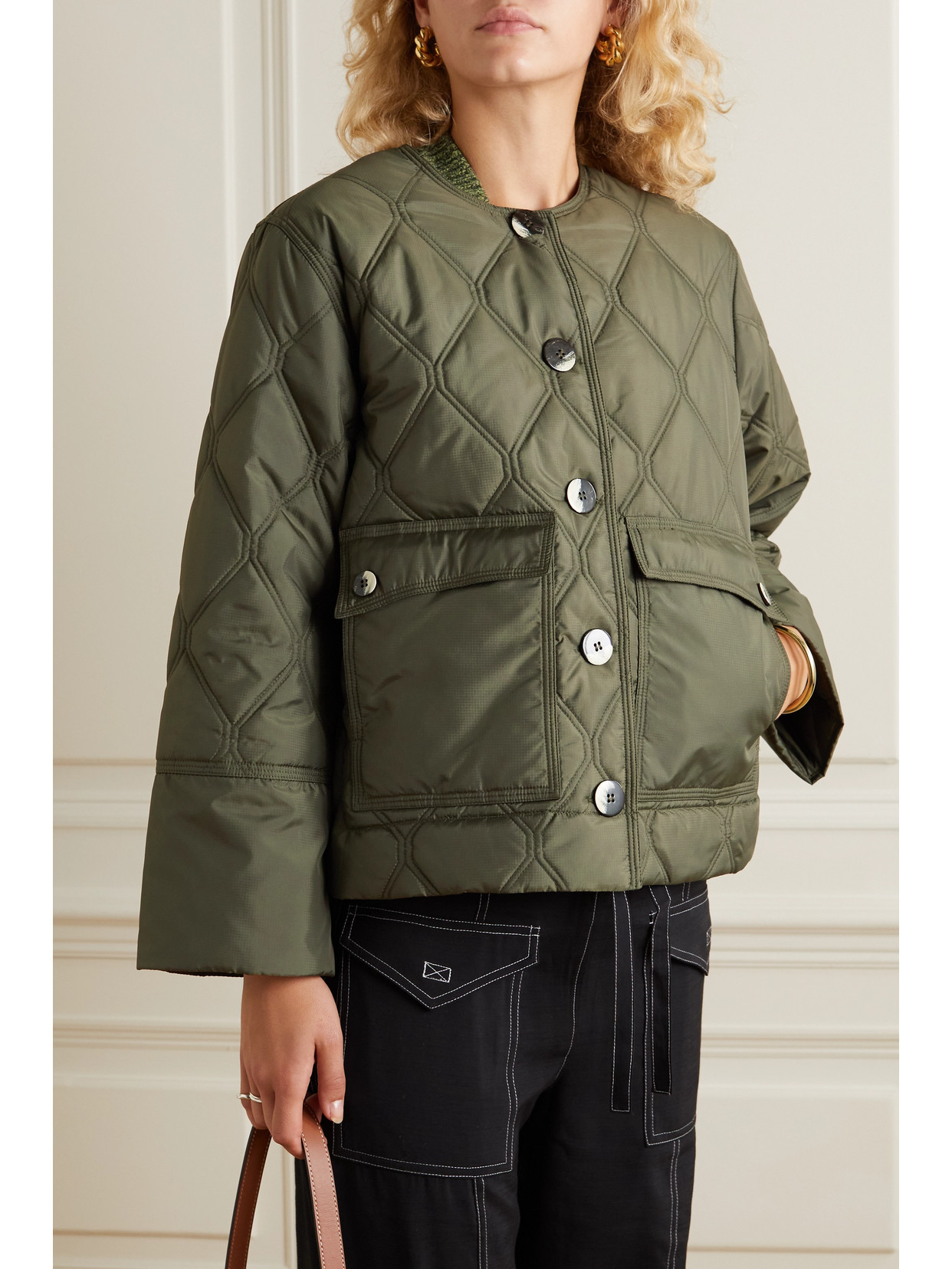 Ganni Ripstop Recycled Quilted Oversized Ruffle Collared Jacket In ...