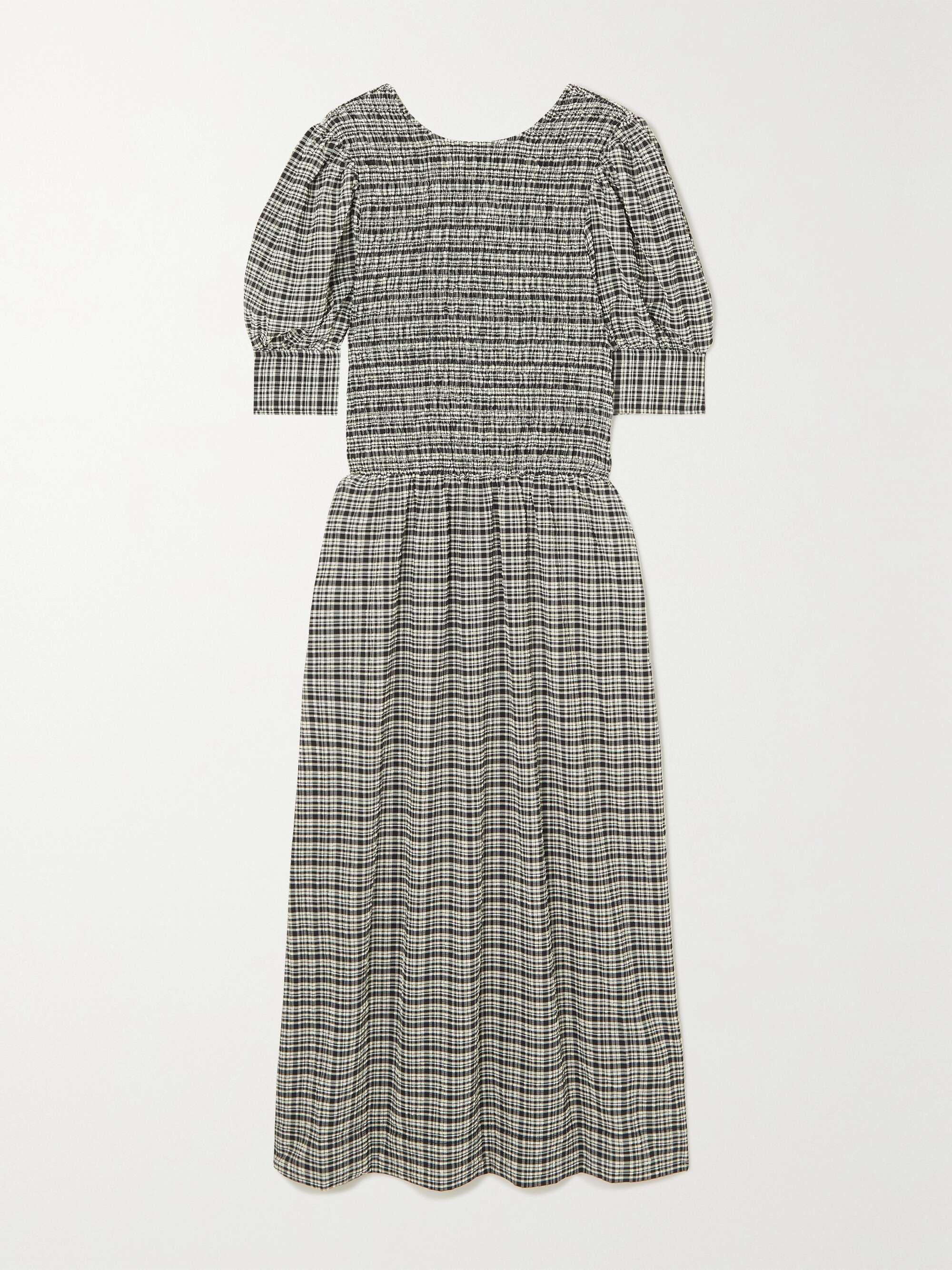 GANNI Shirred checked recycled seersucker midi dress | NET-A-PORTER