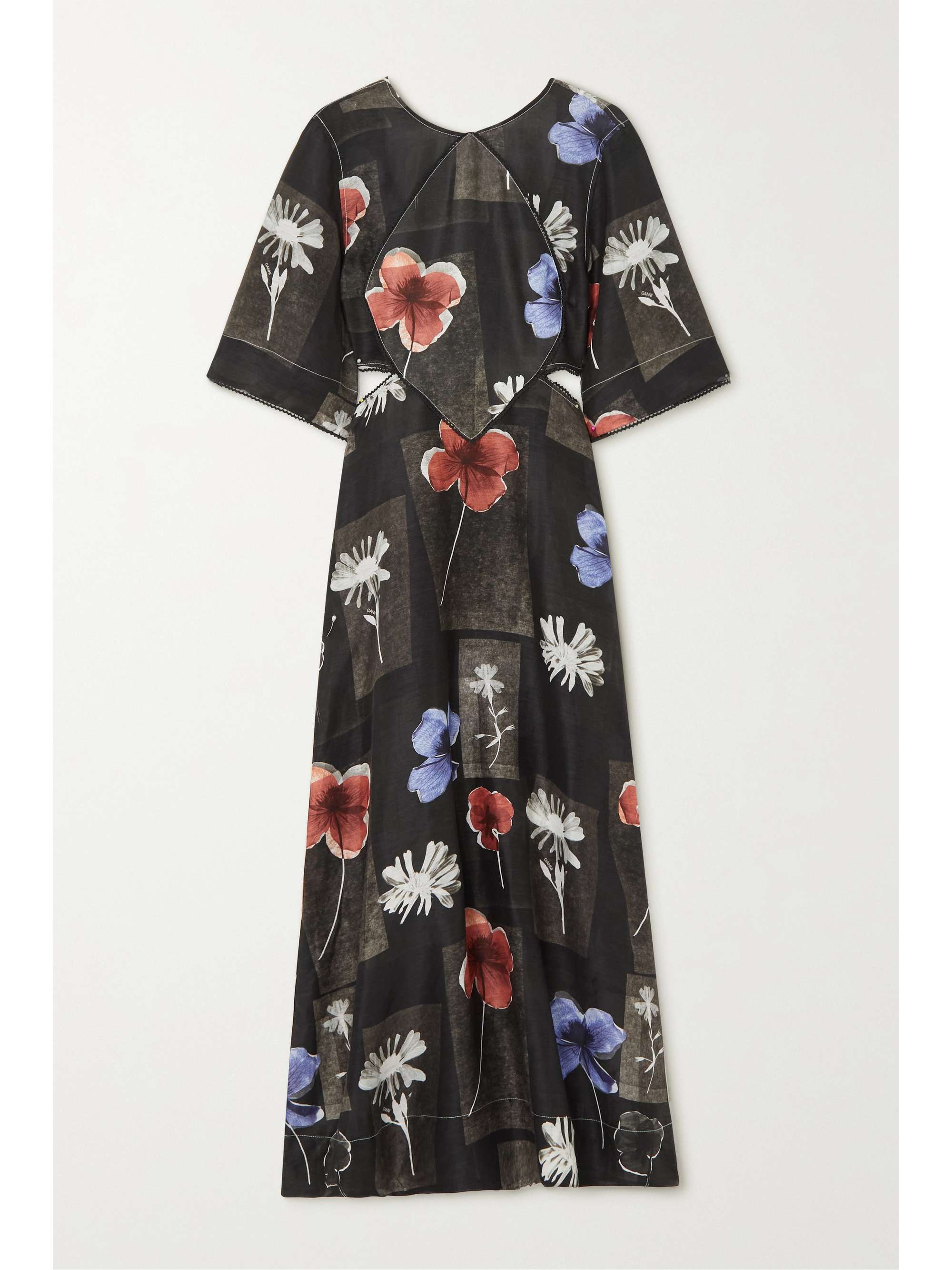 GANNI Cutout picot-trimmed floral-print linen and silk-blend midi dress ...