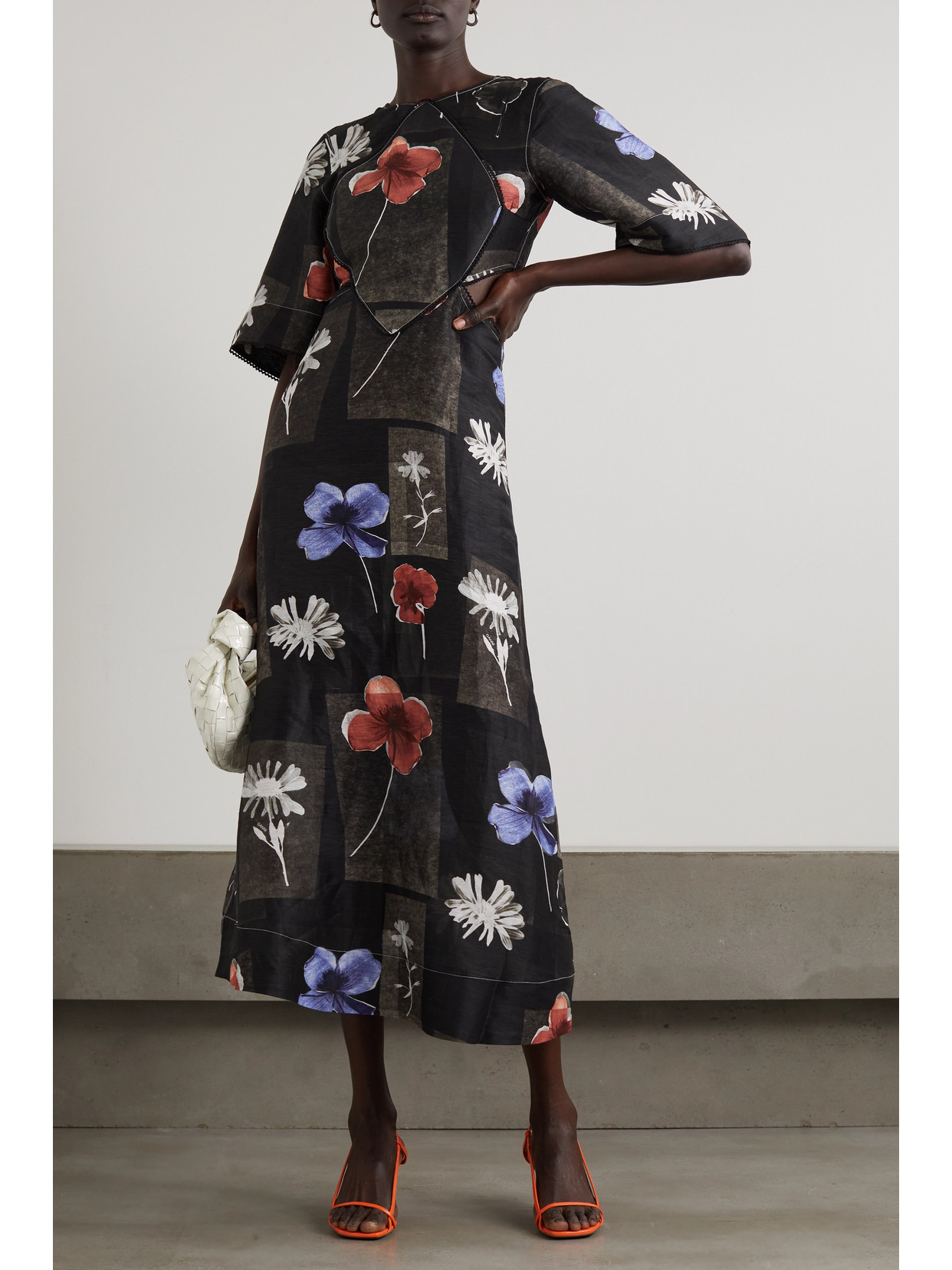 Ganni Cutout Picot-trimmed Floral-print Linen And Silk-blend Midi Dress ...