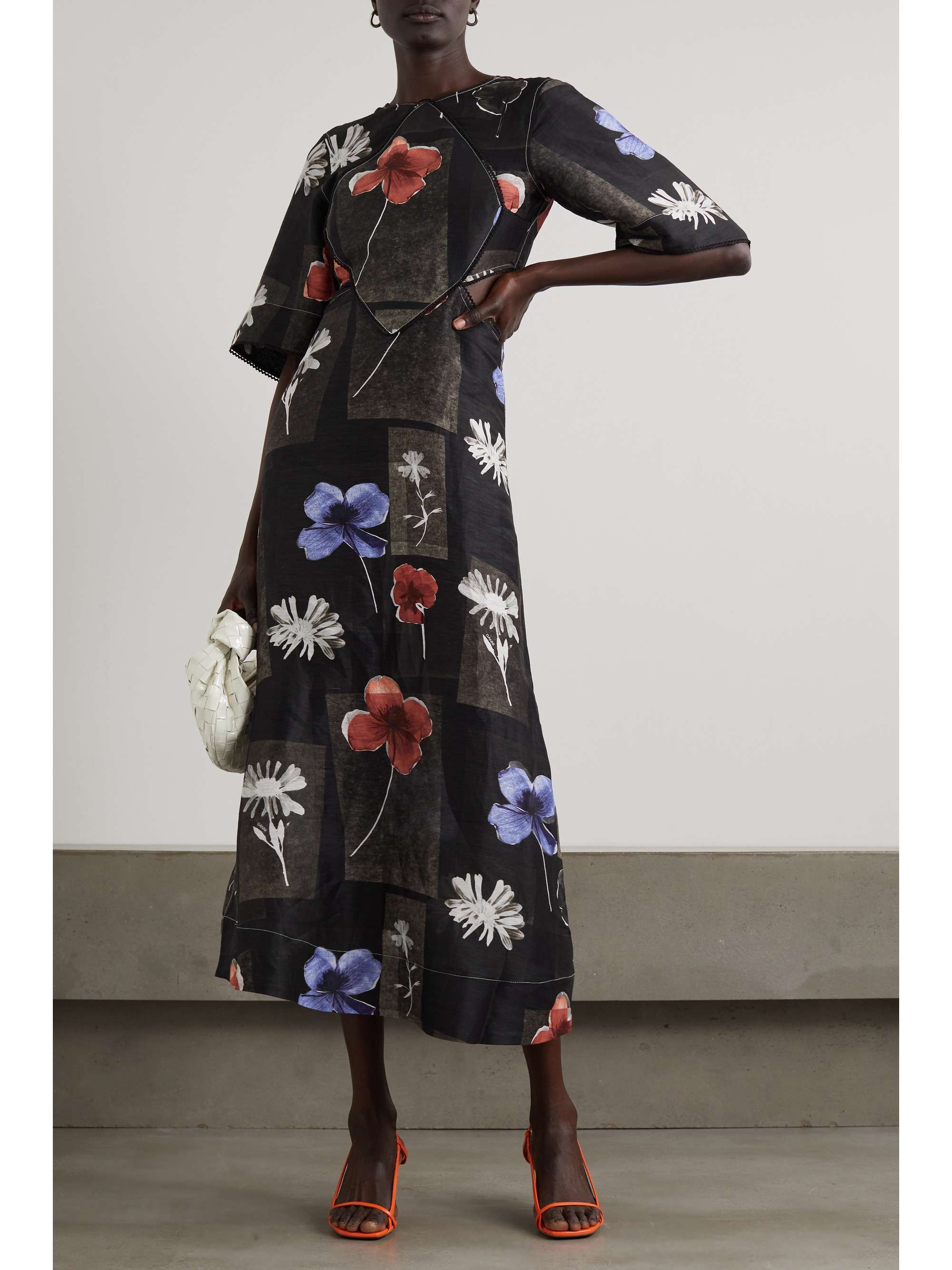 GANNI Cutout picot-trimmed floral-print linen and silk-blend midi dress ...