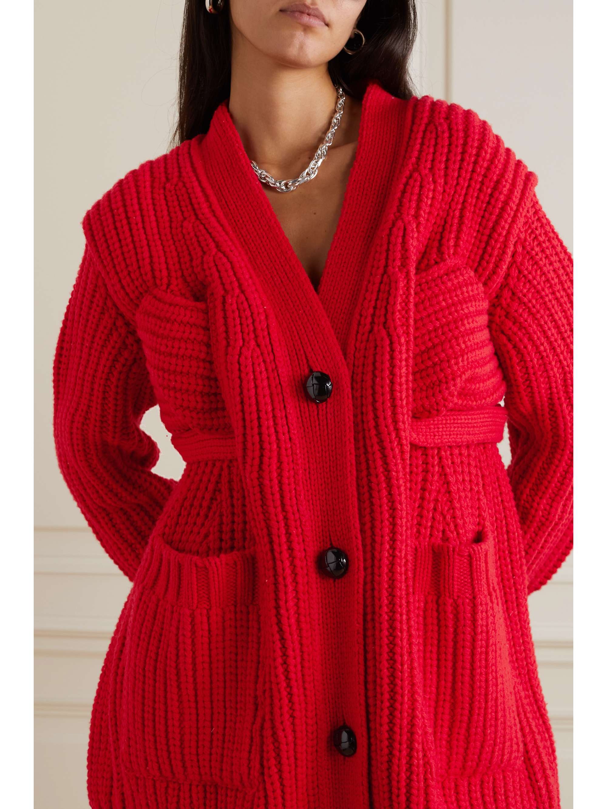 SACAI Leather-trimmed layered ribbed wool-blend cardigan | NET-A-PORTER