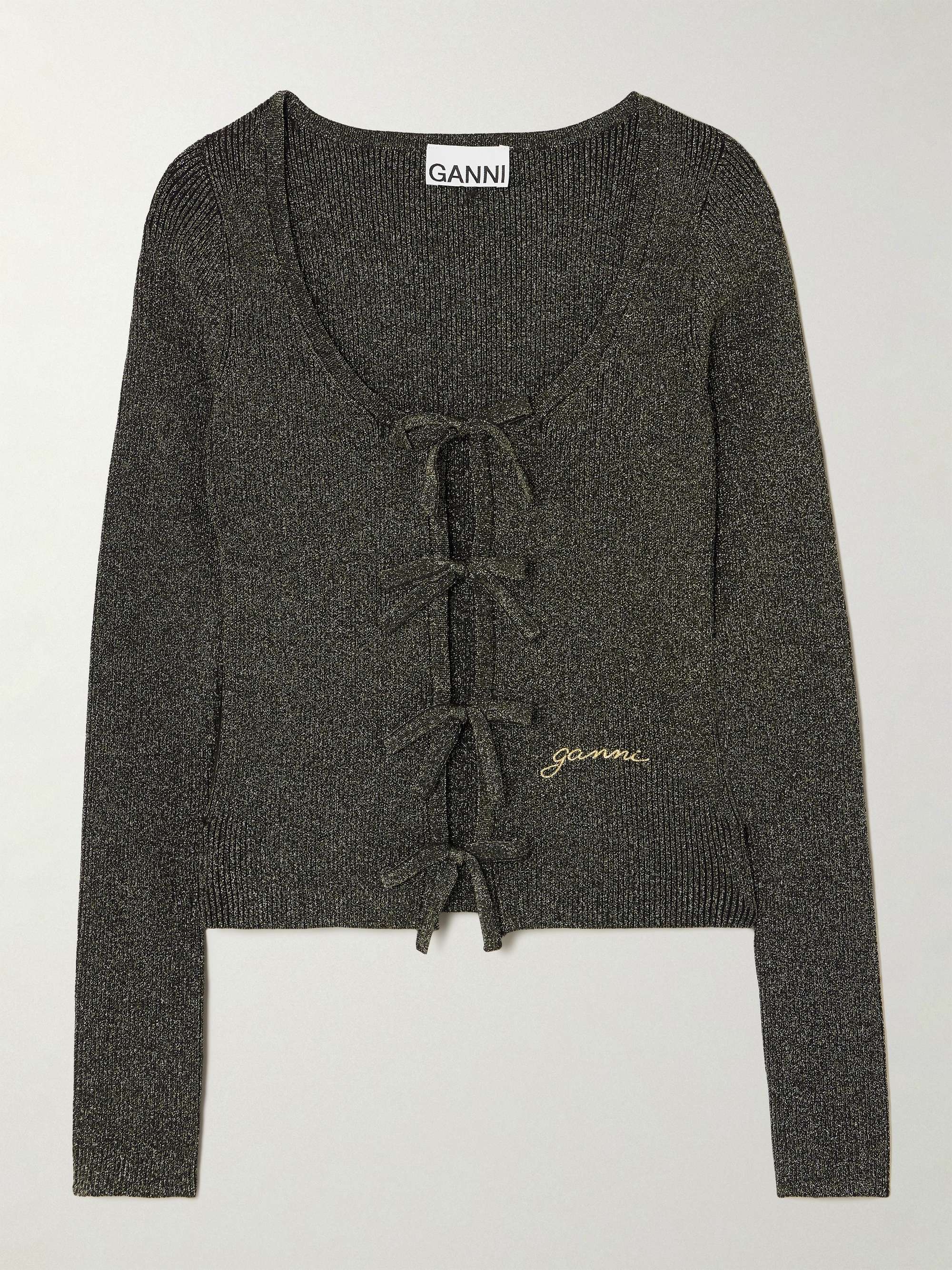 GANNI Tie-detailed metallic ribbed-knit cardigan | NET-A-PORTER