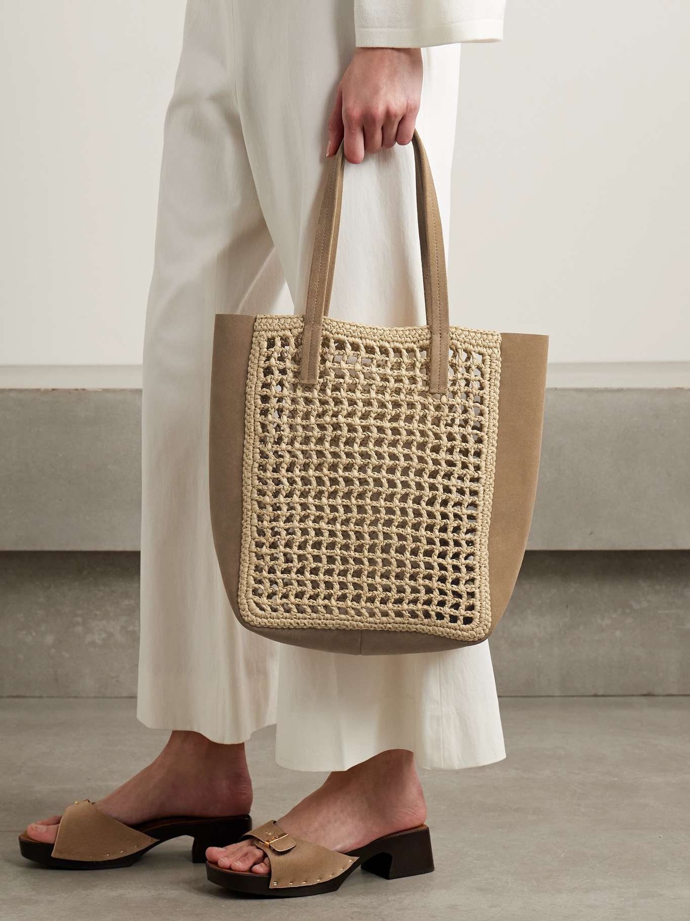 KHAITE Zoe small suede and crocheted raffia tote | NET-A-PORTER