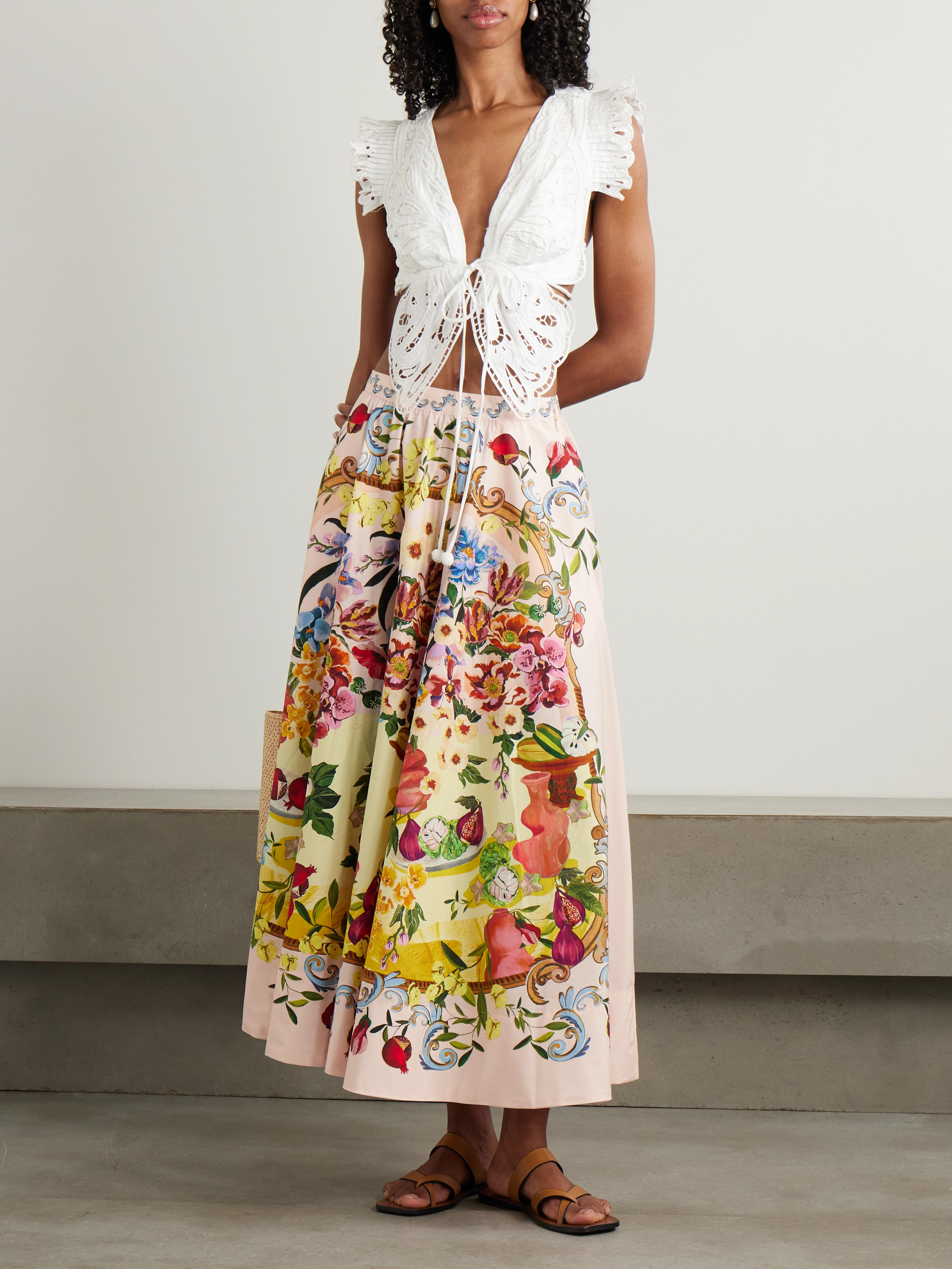 FARM Rio - Garden Terrace pleated printed cotton-poplin midi skirt | Plush