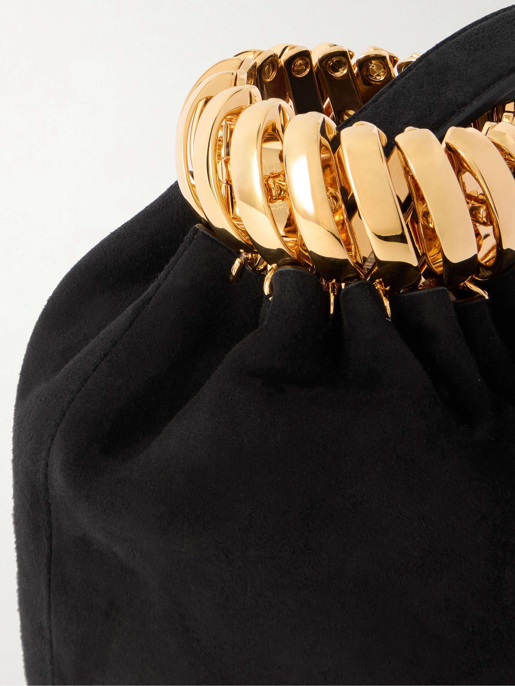 ALAÏA Leather and gold-tone trimmed suede bucket bag | NET-A-PORTER